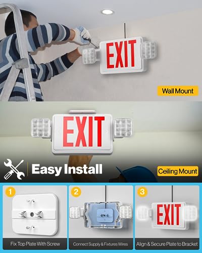 Sunco Red Exit Signs With Emergency Lights, Two Adjustable Square LED Lights, 94V-0 Fire Resistant, Backup Battery, 120-277V, Wall Or Ceiling Mount, Commercial Grade Double Sided 4 Pack