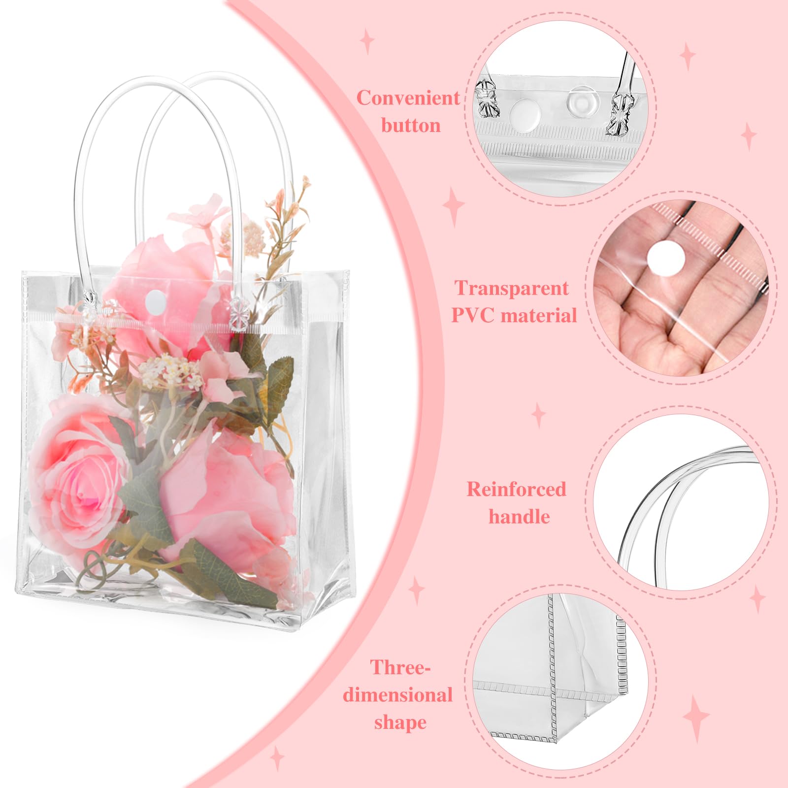 BESARME 20 Pack 6.3" x 5.9" x 2.8" Clear Gift Bags with Handle, Reusable Plastic Small Gift Bags for Party Favors Christmas Wedding Birthday