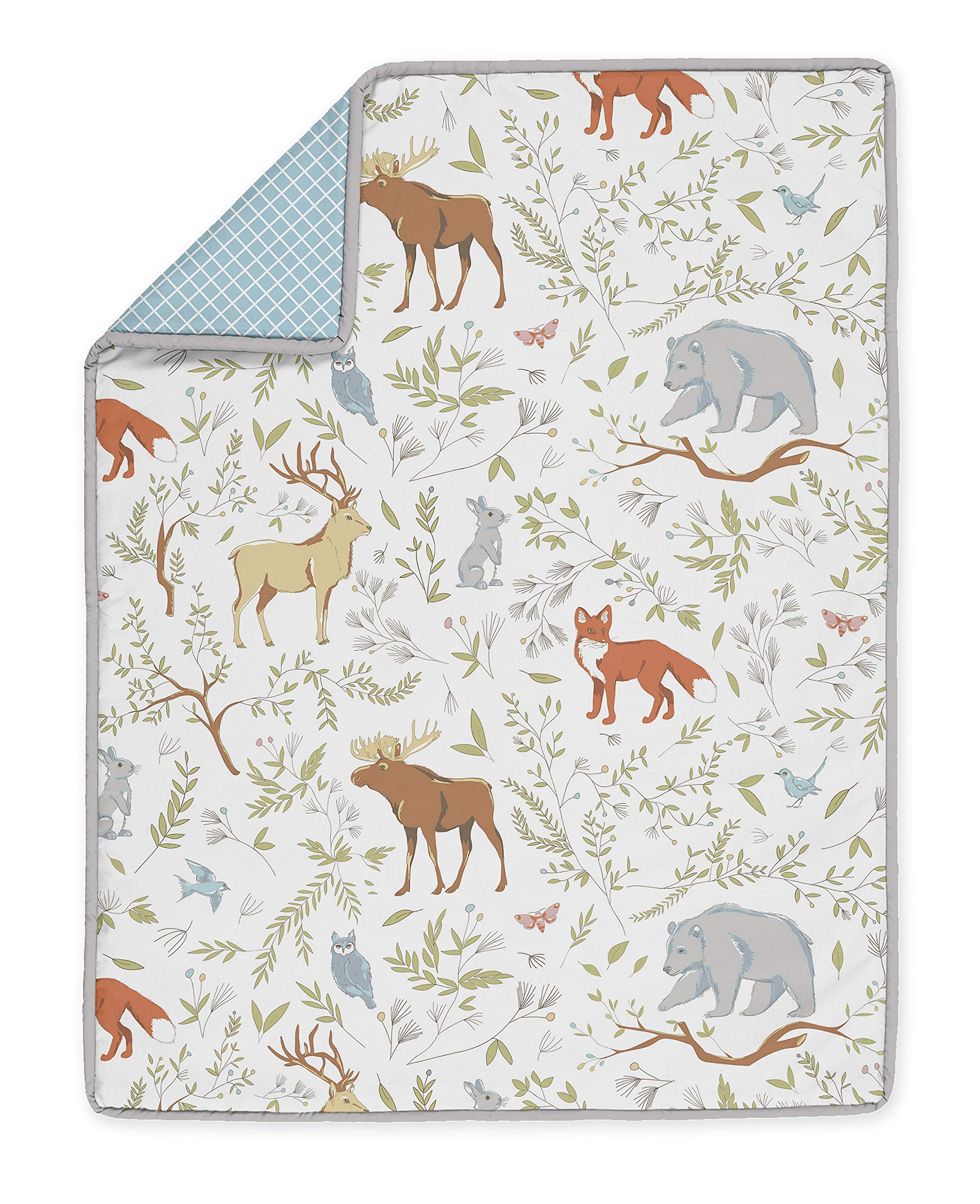 Sweet Jojo Designs Blue, Grey and White Woodland Deer Fox Bear Animal Toile Girl or Boy Baby Bedding 4 Piece Crib Set