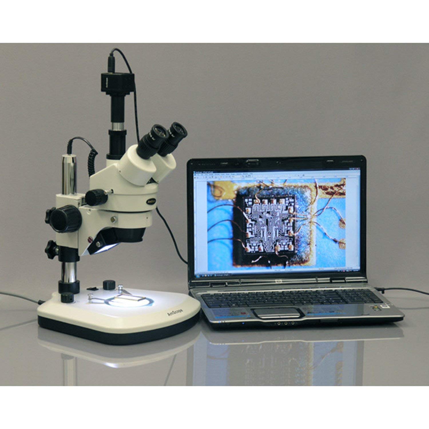 AmScope SM-1TZ-PL Professional Trinocular Stereo Zoom Microscope, WH10x Eyepieces, 3.5X-90X Magnification, 0.7X-4.5X Zoom Objective, Upper and Lower LED Lighting, Large Pillar-Style Table Stand, Includes 0.5X and 2.0X Barlow Lenses