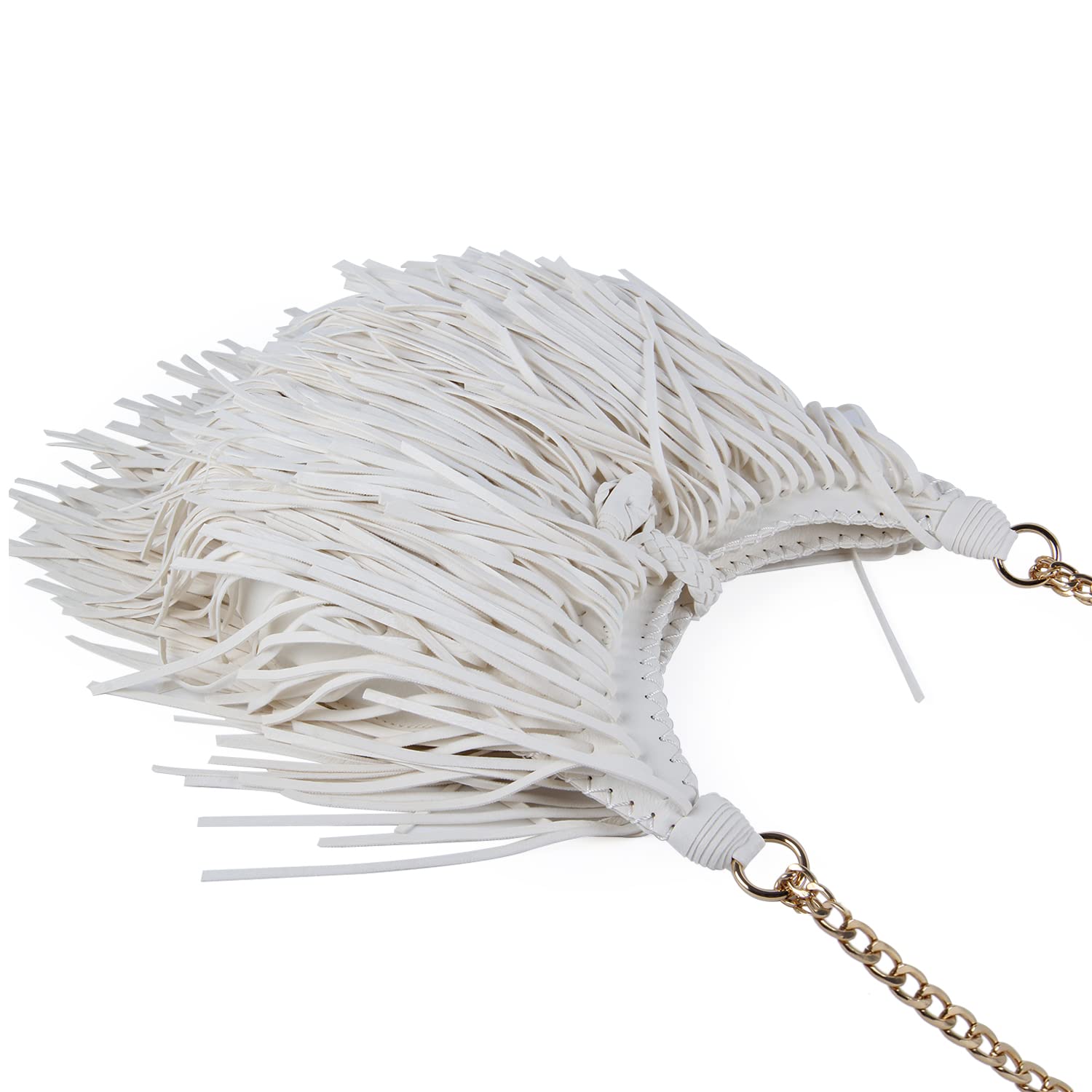 LUI SUI Women's Fringed Faux Suede Leather Cross Body Bag Chain Shoulder Bag Tassel Handbag (White)