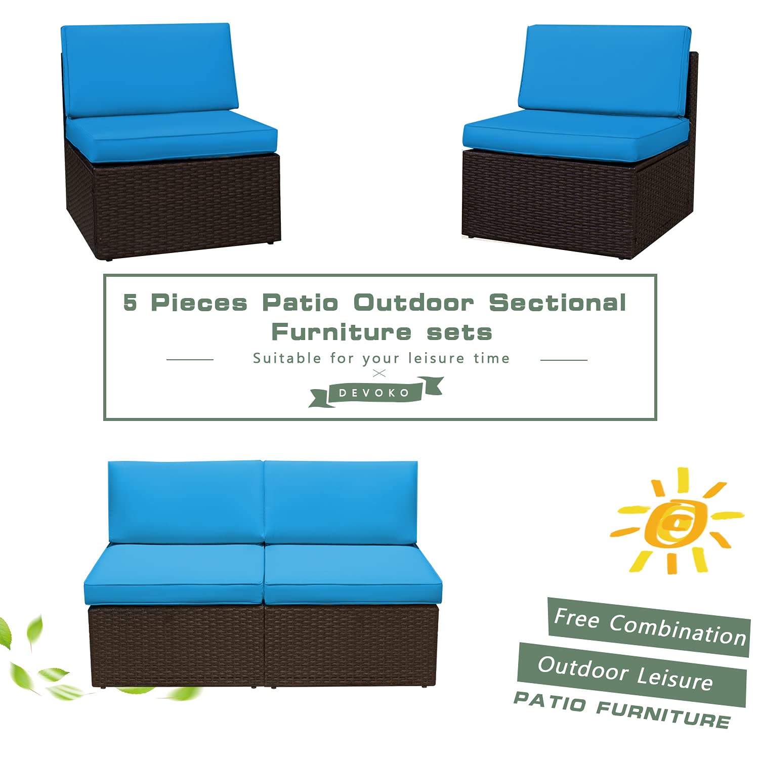 Devoko 2 Pieces Patio Furniture Sets All-Weather Outdoor Sectional Armless Sofa (Blue)