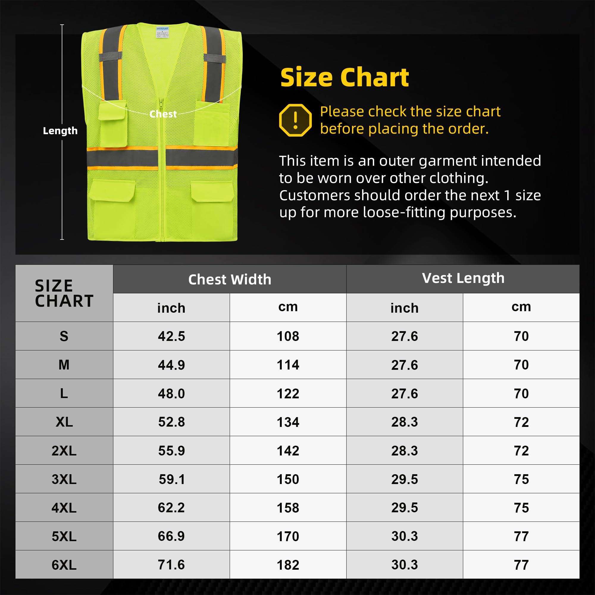 SHORFUNE High Visibility Mesh Safety Vest with 10 Pockets, Mic Tabs, Zipper and Reflective Strips, Reflective Construction Vest for Men and Women, ANSI/ISEA Standards, Yellow, L