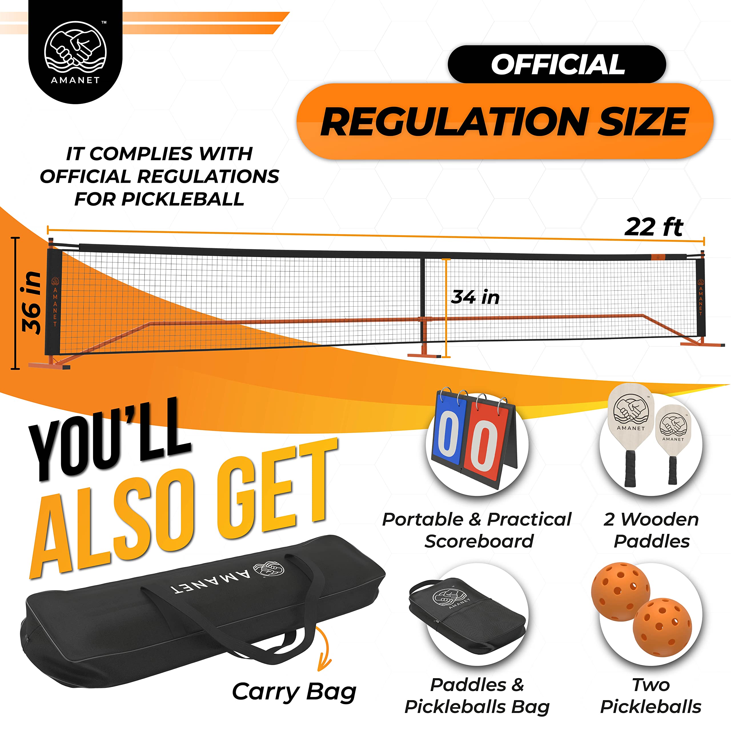 AMANET Portable Pickleball Set with Net System, Official Regulation Size - Includes Net, Detachable Steel Poles, 2 Wooden Paddles, 2 Pickleballs, Paddle Bag, Carry and Storage Bag with Handles
