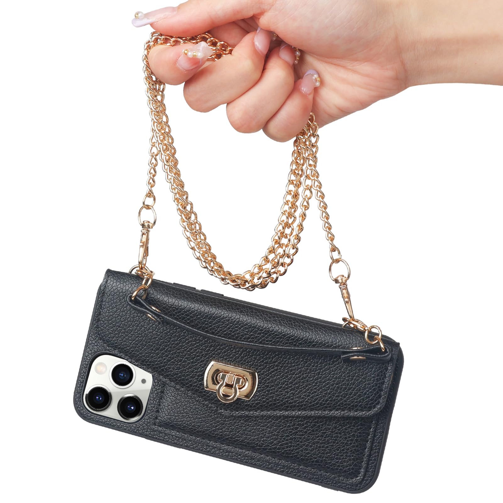 LUVI Compatible with iPhone 13 Pro Case with Card Holder Wallet for Women with Crossbody Neck Strap Lanyard Purse Handbag Shoulder Strap PU Leather Luxury Fashion 3D Crocodile Snake Skin Case Black