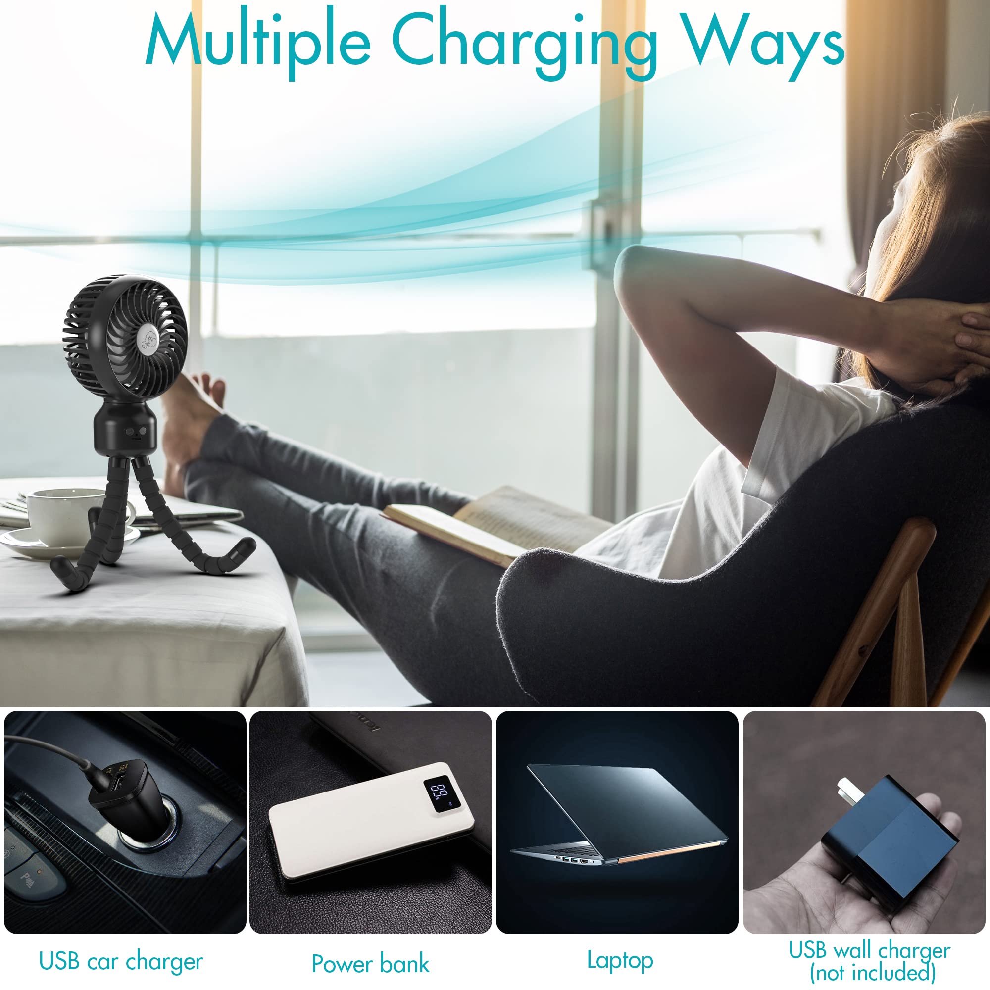COMLIFE Battery Operated Stroller Fan, Auto Rotation Portable Fan for Baby, Handheld Personal USB Desk Fan, 3 Speeds, Flexible Tripod for Crib Bike Treadmill