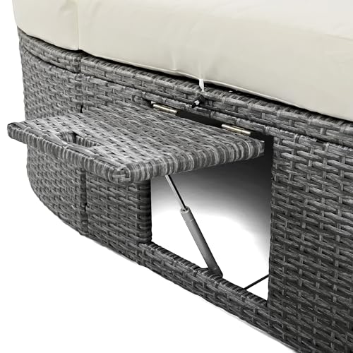 EOVTK Outdoor Rattan Daybed, Multifunctional 2-Person Sun Bed with Cushions and Pillows, Wicker Reclining Chaise Lounge with Adjustable Backrests and Foldable Cup Trays for Lawn, Poolside, Beige