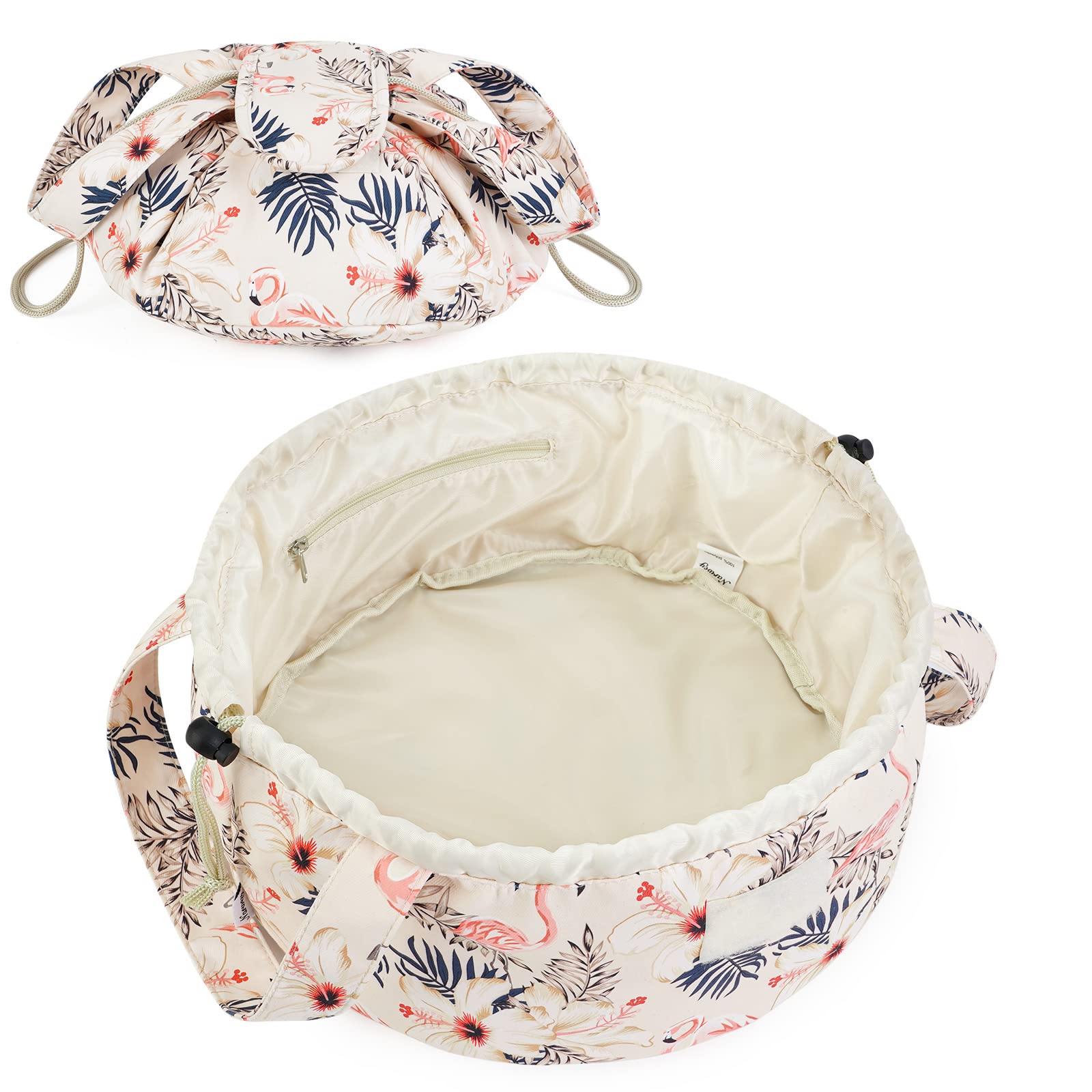Barrel Drawstring Makeup Bag Large Cosmetic Bag Make up Bags Toiletry Organizer for Women (Beige Bird) (Patent Pending)