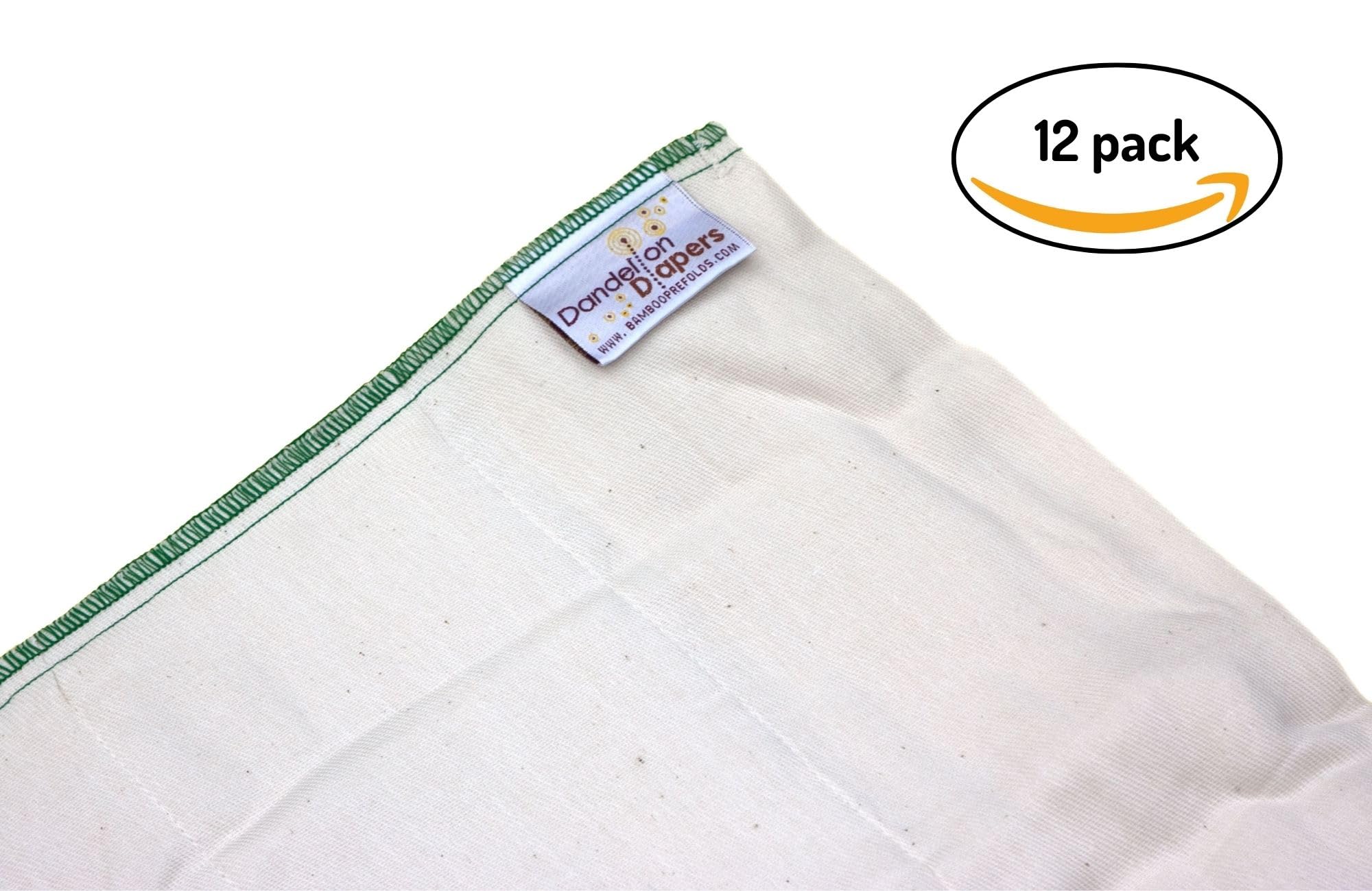 Dandelion Diapers Prefold Cloth Diapers Made from Viscose Bamboo and Cotton Blend Versatile Baby Diaper, 12 Count - Size 3 Infant Pinless Prefold