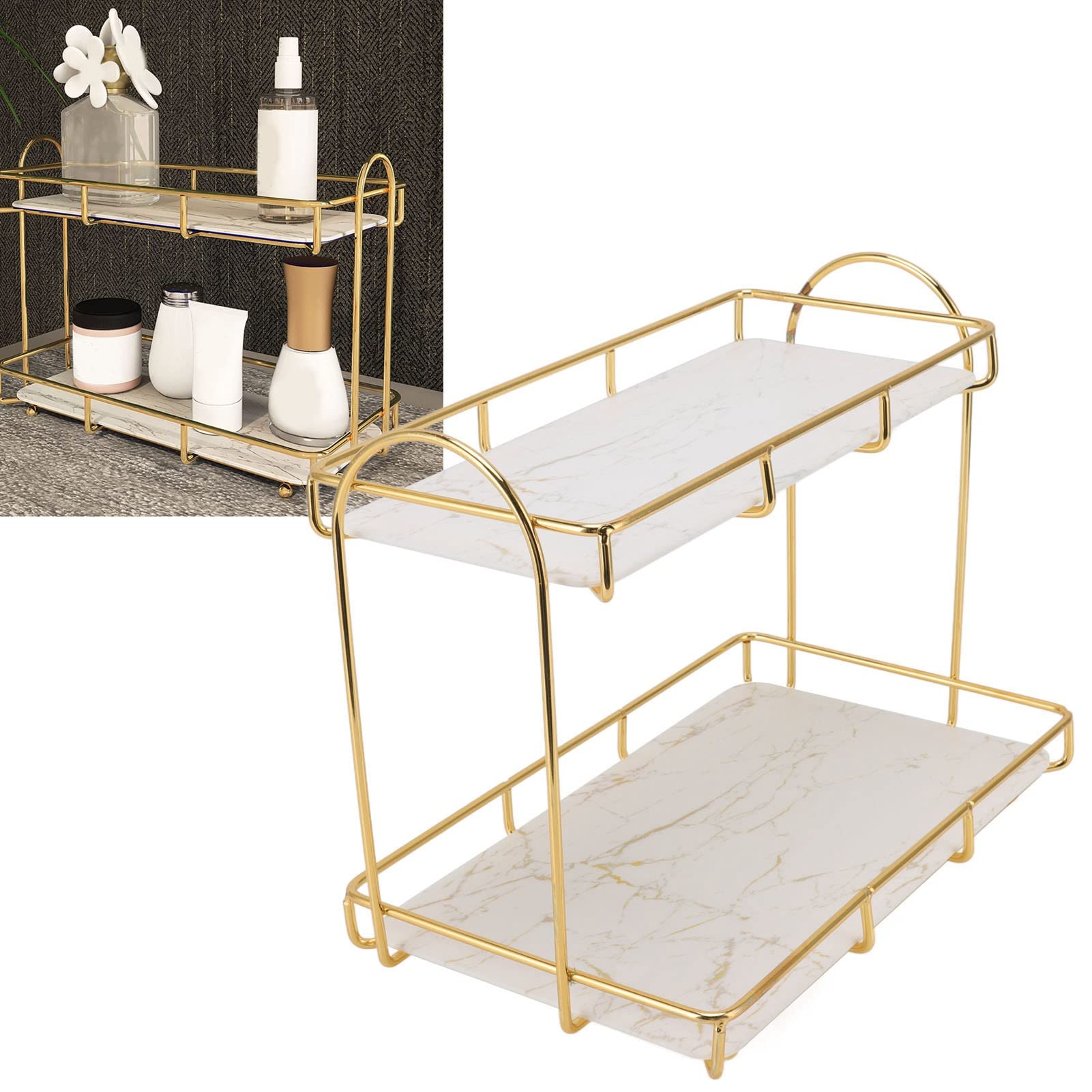 Cosmetic Storage Shelf, 2 Tier Bathroom Countertop Rack, Large Capacity Waterproof Gold Metal Storage Shelf Rack for Bathroom Kitchen Bedroom