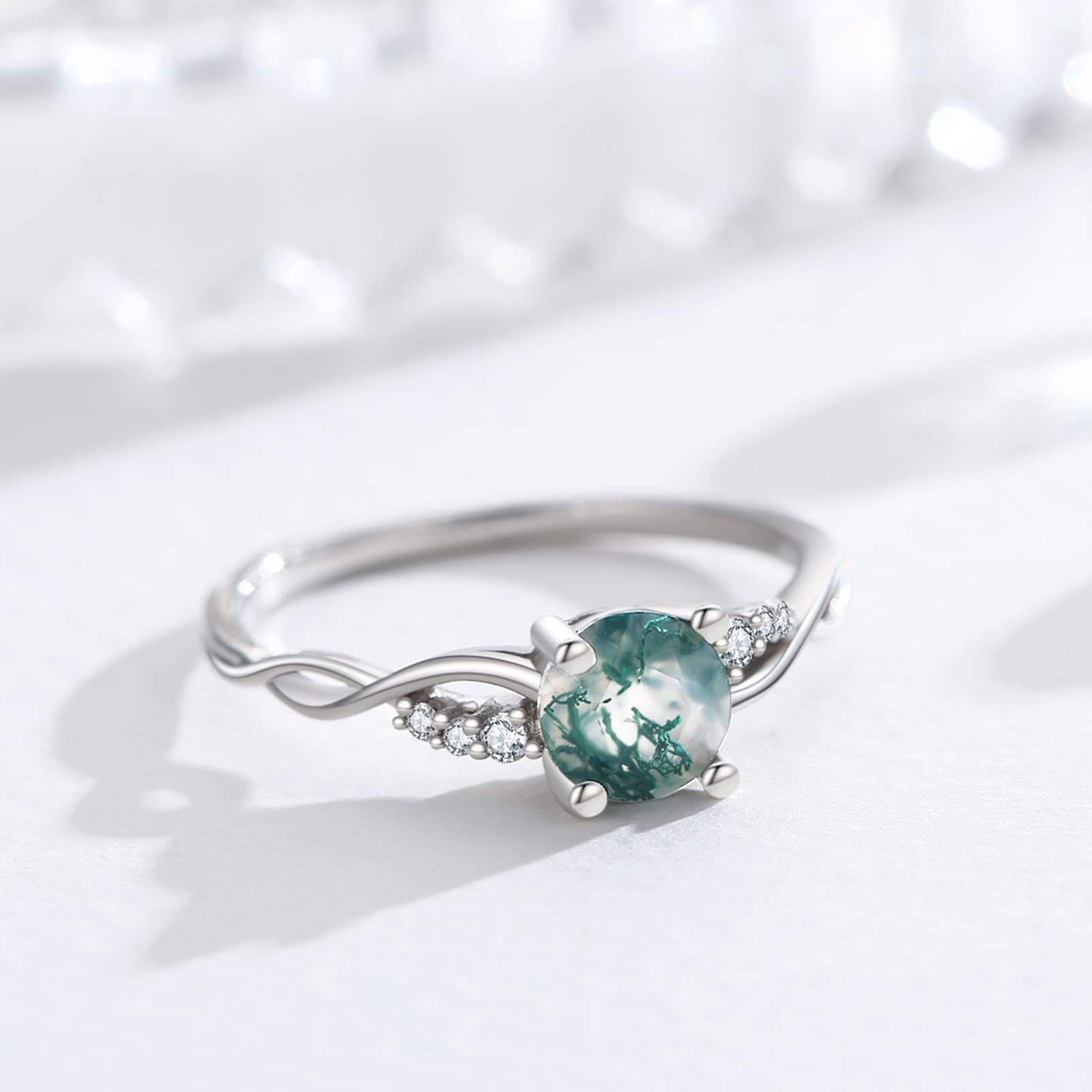 Aututer Moss Agate Ring for Women Sterling Silver Engagement Ring Infinity Ring Natural Moss Agate Jewelry Mother's Day Gifts for Her