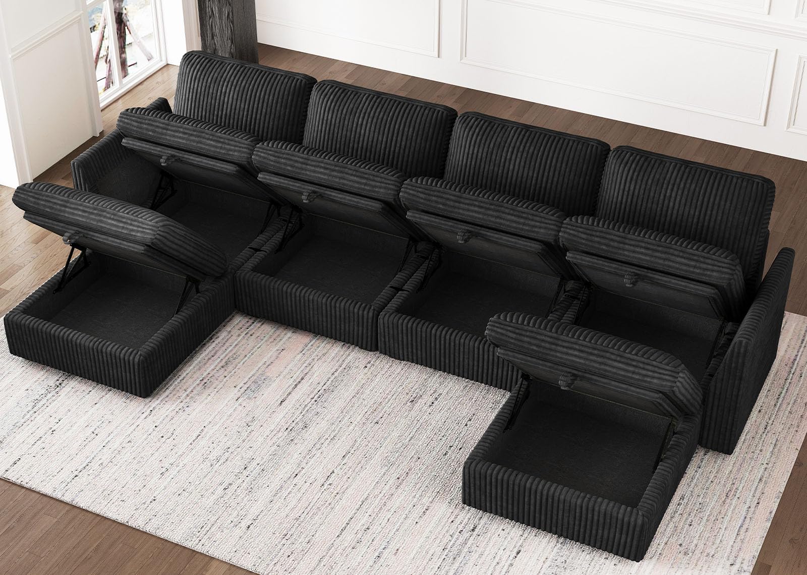 Belffin Oversized U Shaped Modular Sectional Sofa 6 Seat Corduroy Cloud Modular Couch with Storage Sectional Couches for Living Room Black Couch