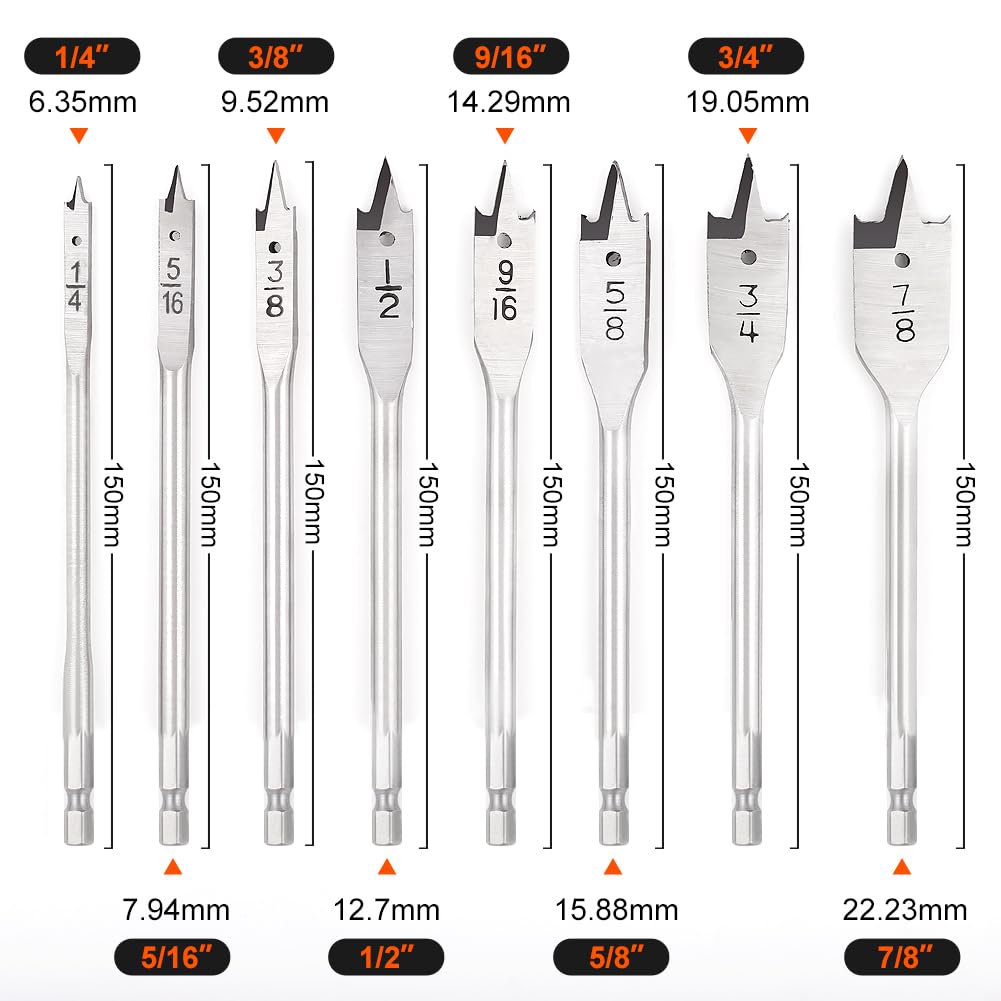 COMOWARE 13 Pcs Spade Drill Bit Set - Paddle Flat Bits Set for Woodworking, SAE, Portable Nylon Storage Holder