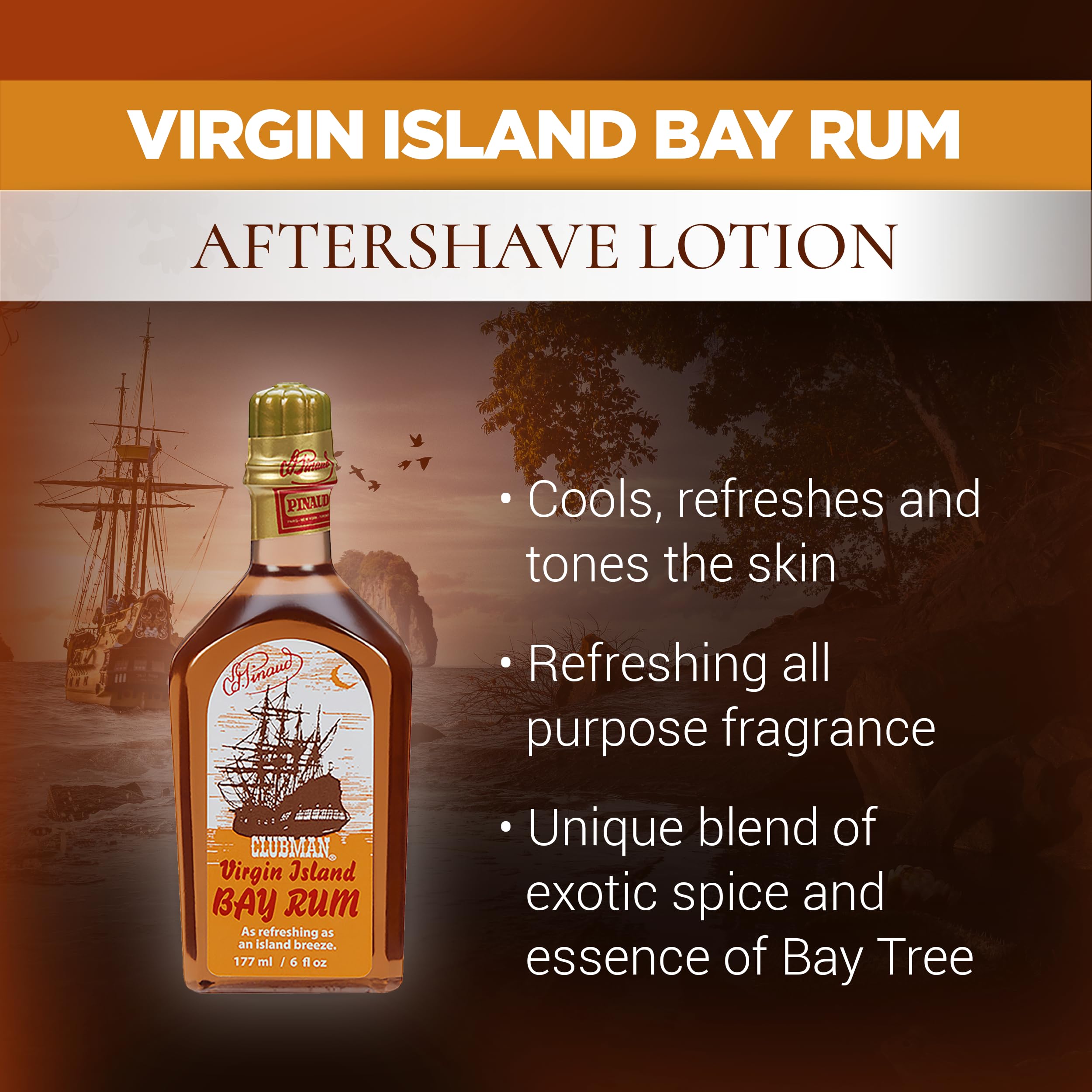 Clubman Pinaud Virgin Island Bay Rum Shave Cologne, After Shave Fragrance, 6 fl oz