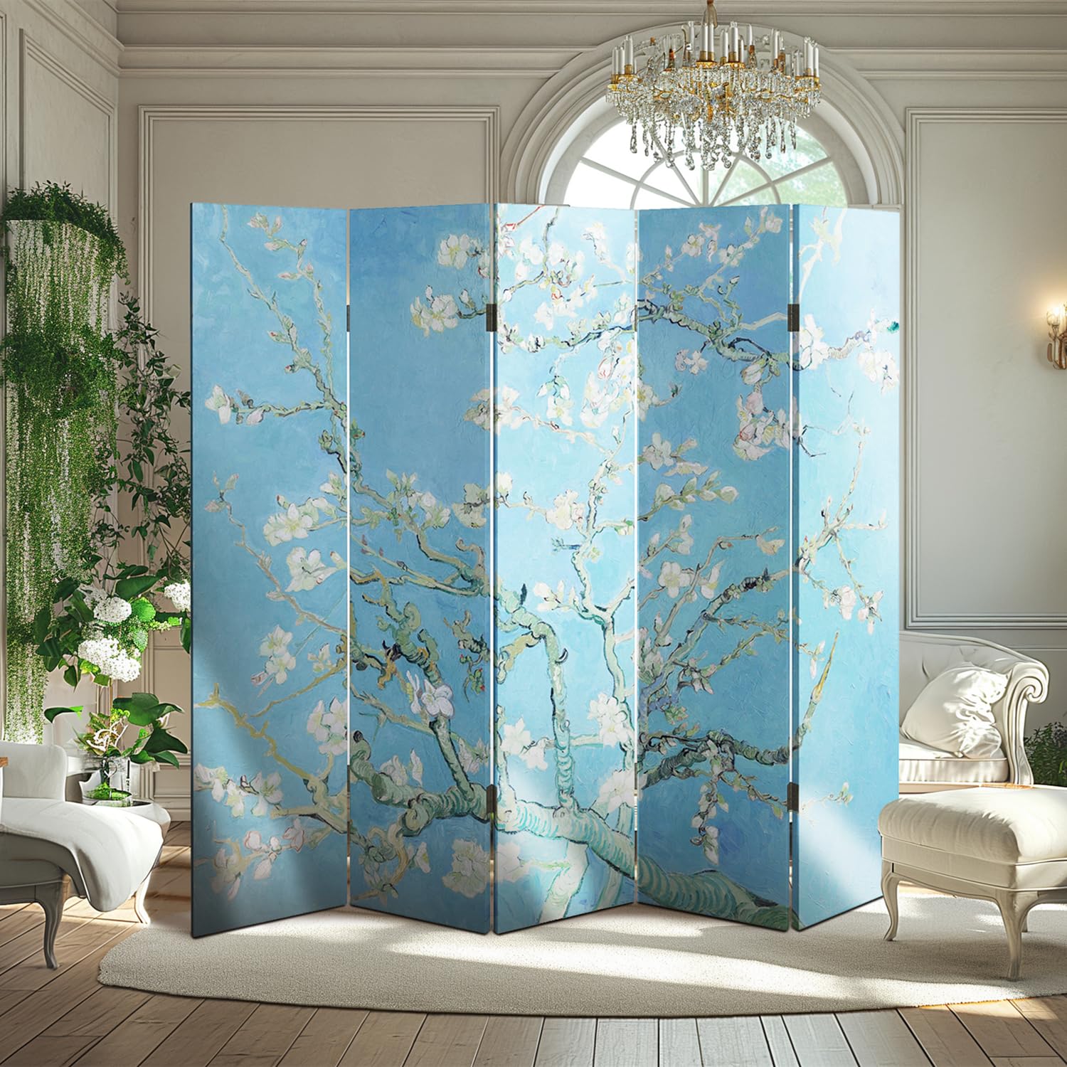 ARSTRIA 5-Panel Folding Room Divider Privacy Screen Van Gogh's Almond Blossoms Painting Canvas Foldable Portable Room Separating Divider Room Partition Freestanding Home Decor 71'' High