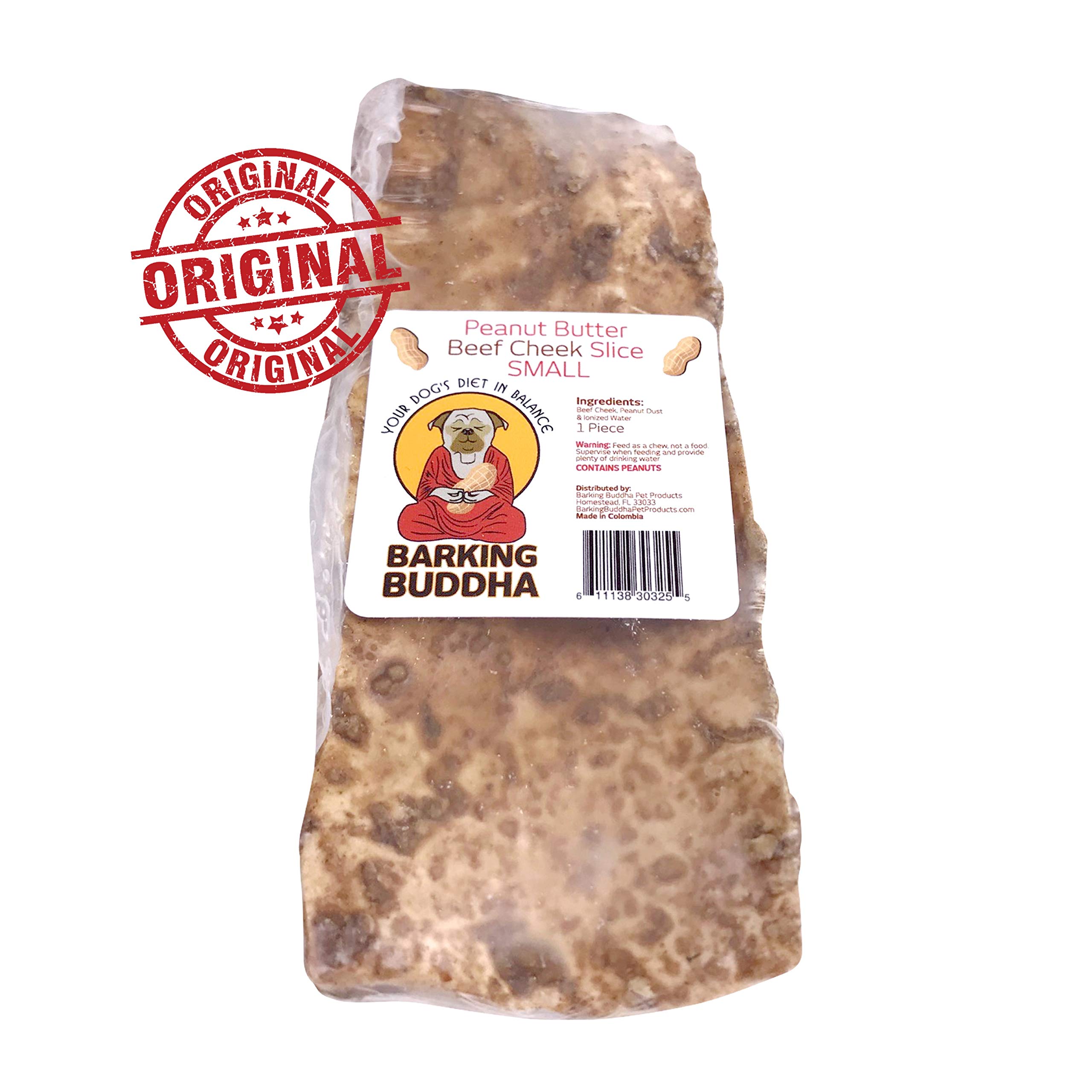 Barking Buddha Beef Cheek Slices | Premium Dog Chews | Extra Thick, All Natural, No Additives, Gluten Free | Peanut Butter - Small 5β-6β - 15 Pack