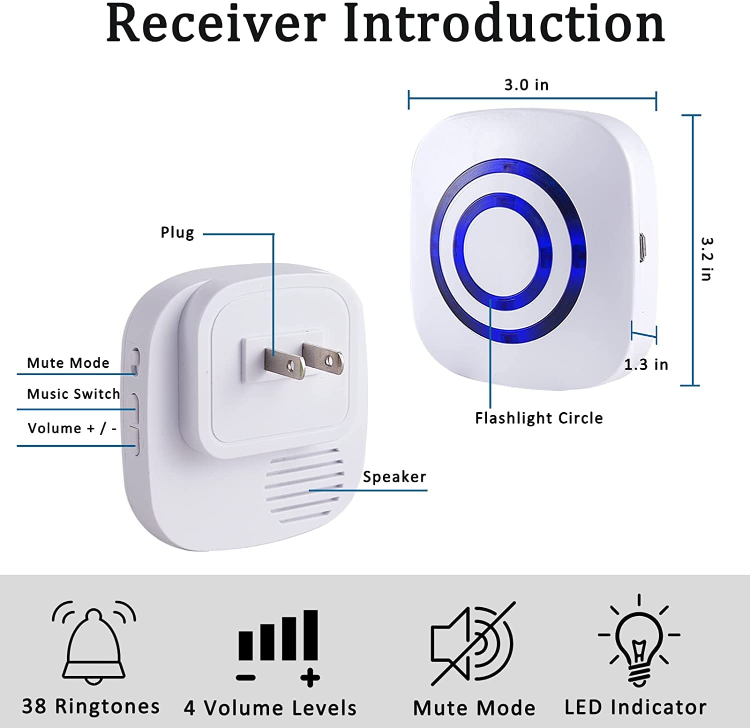 BESTOONE Motion Sensor Alarm, Long Range Wireless Driveway Alarm, Indoor Home Security System Electric Doorbells, 4 Motion Detector and 2 Alarm, 38 Chime Tunes, LED Indicator