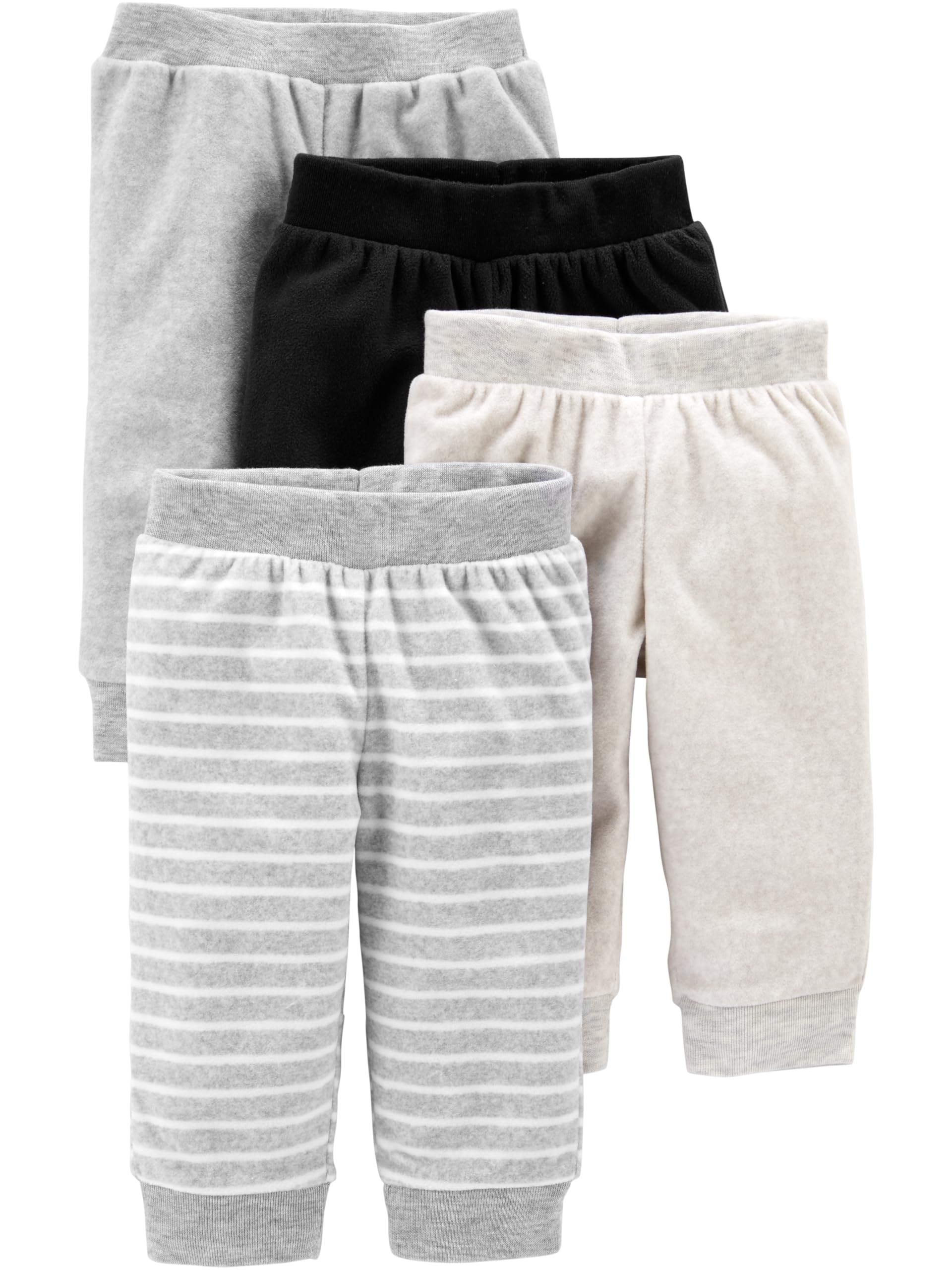 Simple Joys by Carter's Unisex Babies' Fleece Pants, Pack of 4, Black/Ivory/Light Grey/White Stripe, 0-3 Months
