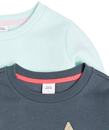 Amazon Essentials Girls' Fleece Crew-Neck Sweatshirts, Pack of 2, Aqua Blue/Dark Grey Stars, X-Large