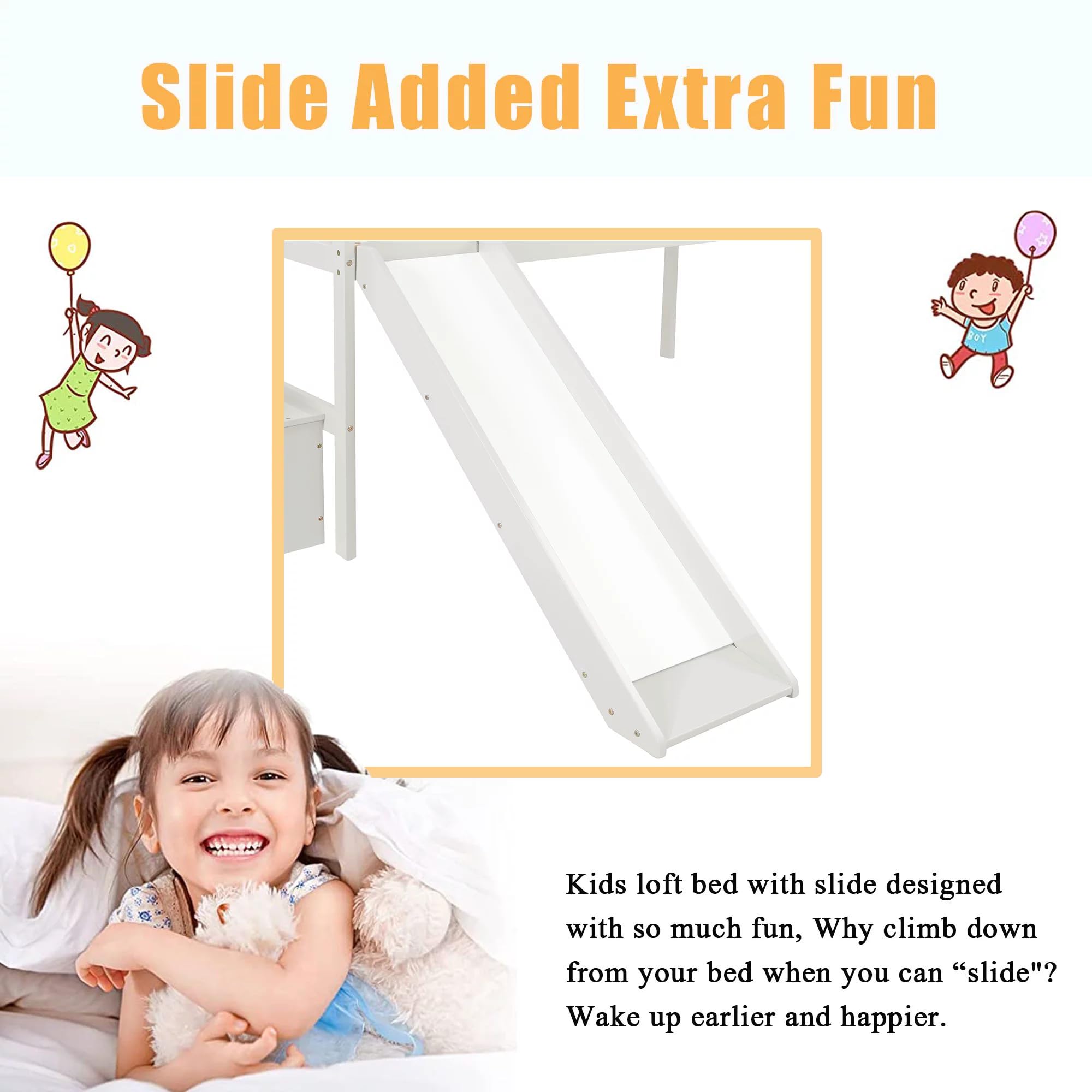 Bellemave Low Loft Bed for Kids,Twin Size Loft Bed with Slide and Storage Staircase,Wood Loft Bed Frame for Boys Girls Teens(White)