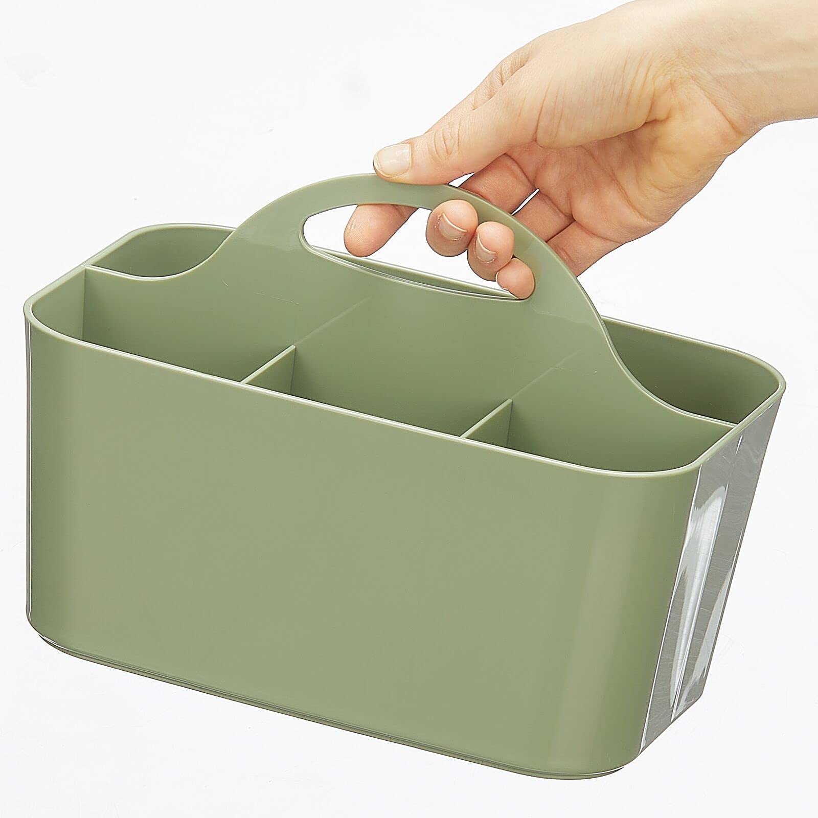 mDesign Small Plastic Shower/Bath Storage Organizer Caddy Tote with Handle for Dorm, Shelf, Cabinet - Hold Soap, Shampoo, Conditioner, Combs, Brushes, Lumiere Collection, Olive Green