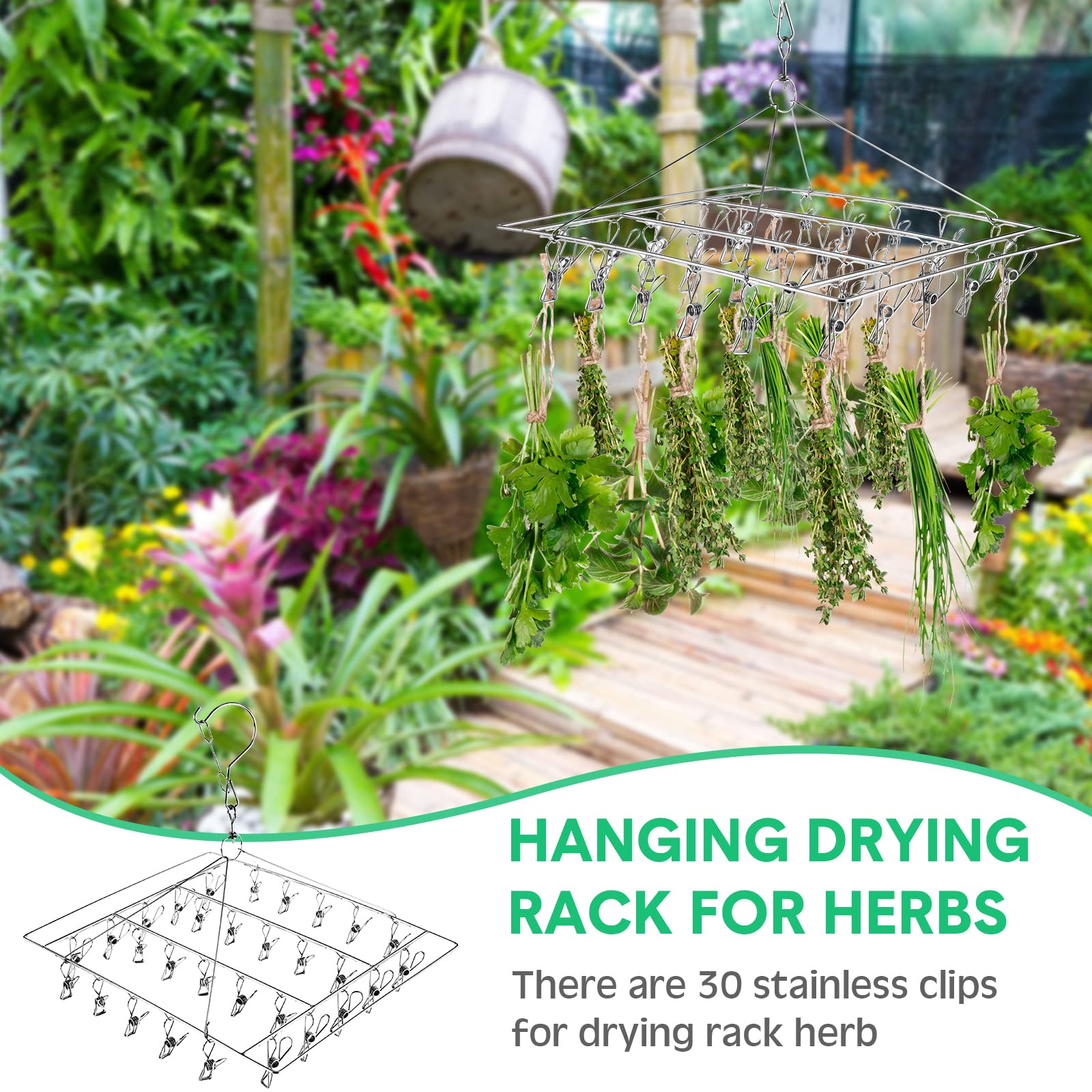Bokon 4 Pcs Hanging Drying Rack for Herb Macrame Flower Drying Rack with 30 Stainless Clip Herb Dryer Hooks for Drying Herb Air Plants Spices Flowers Hydroponic Plants-Ready to Use with Ceiling Hook