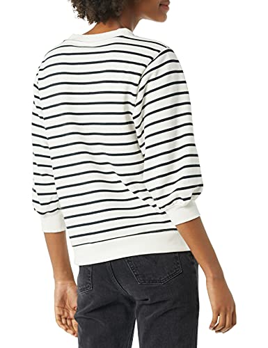 Amazon Essentials Women's French Terry Fleece Sleeve Detail Crewneck Sweatshirt, Black White Stripe, Large