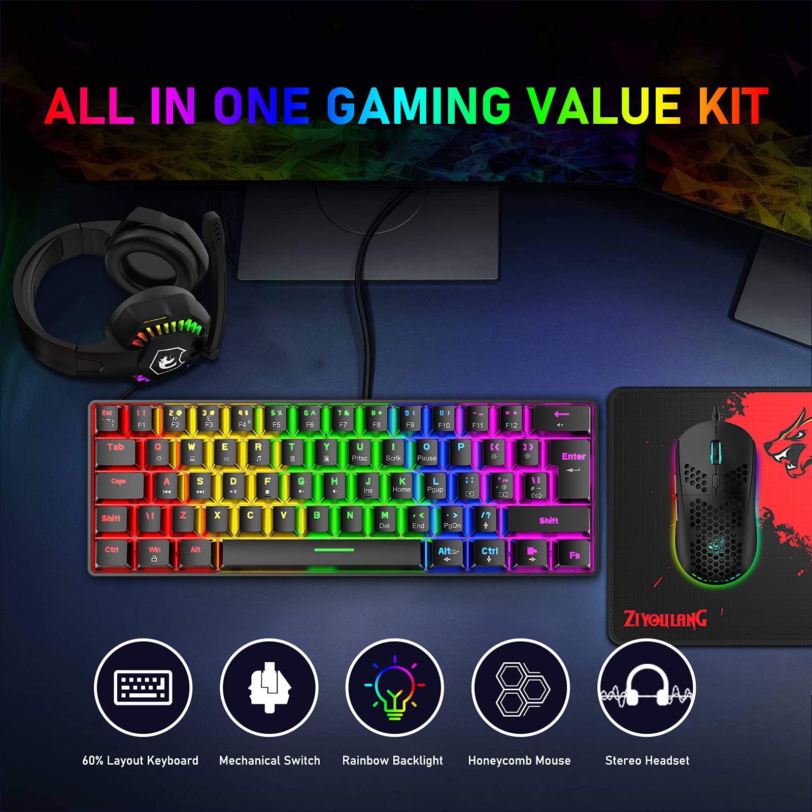 Mechanical Gaming Keyboard and Mouse Mini Wired Combo with RGB Headset Rainbow Backlight Ergonomic 62Key Anti-Ghosting Adjustable Mic 6400DPI Mice USB-C for PC Gamer Computer Typist(Black/Red Switch)