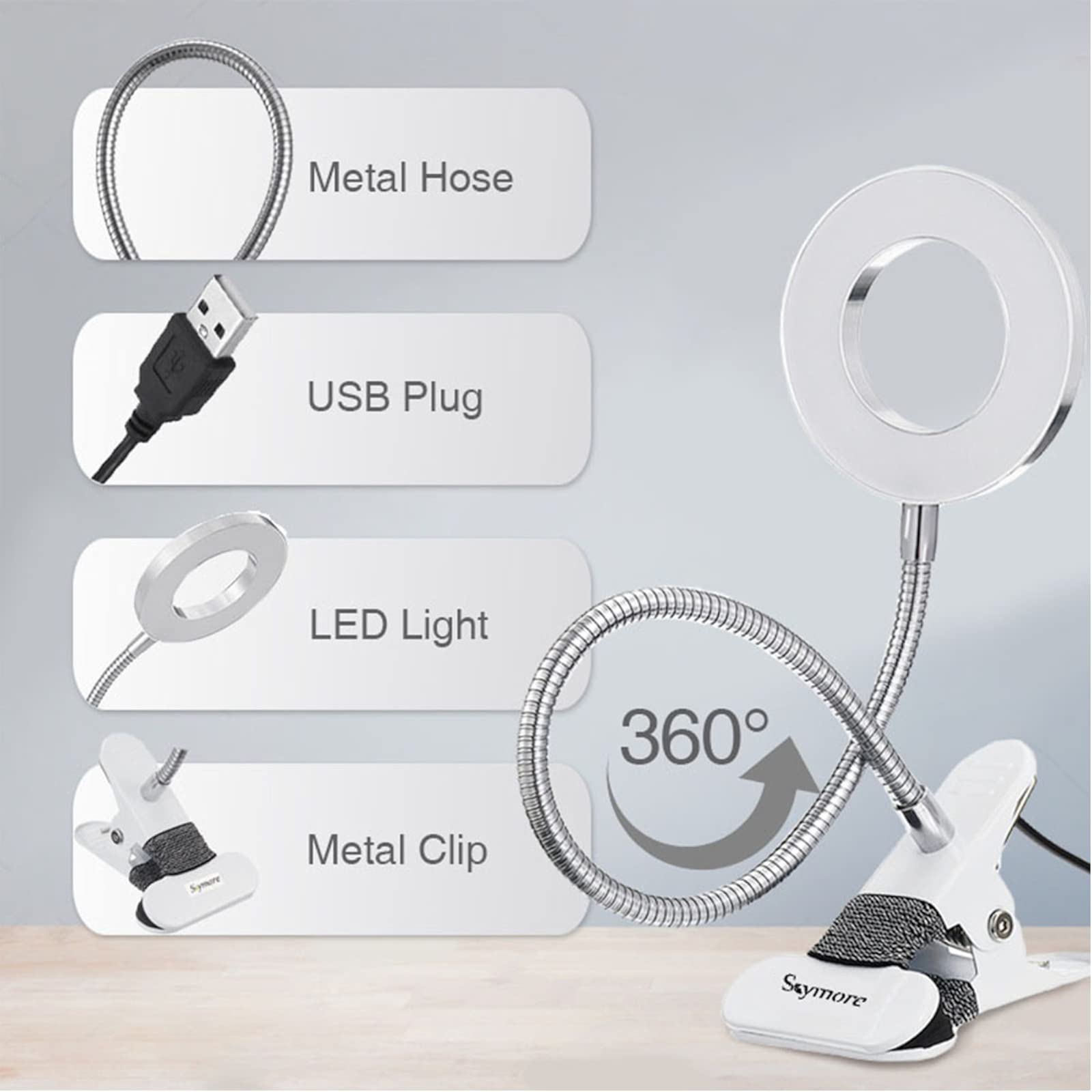 Skymore Clip on Light -3 Color Modes&10 Brightness LED Reading Desk Light with Clamp Flexible Gooseneck Book Light for Kids' Bedtime Reading, Zoom Meetings, Clip on Table, Headboard, Dorm&Office Use