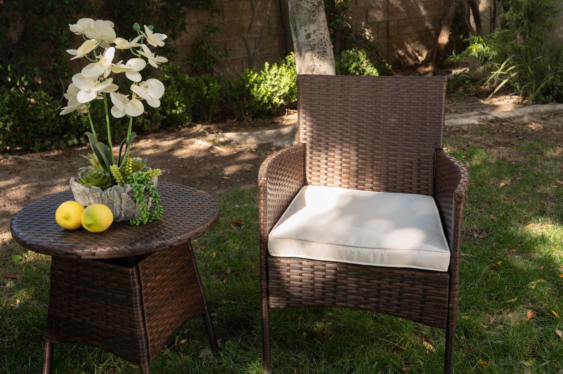 Barton 3 Pieces Bistro Chair Set w/Glass Table Beige Outdoor Patio Furniture Wicker Rattan Modern Conversation Chat Seating