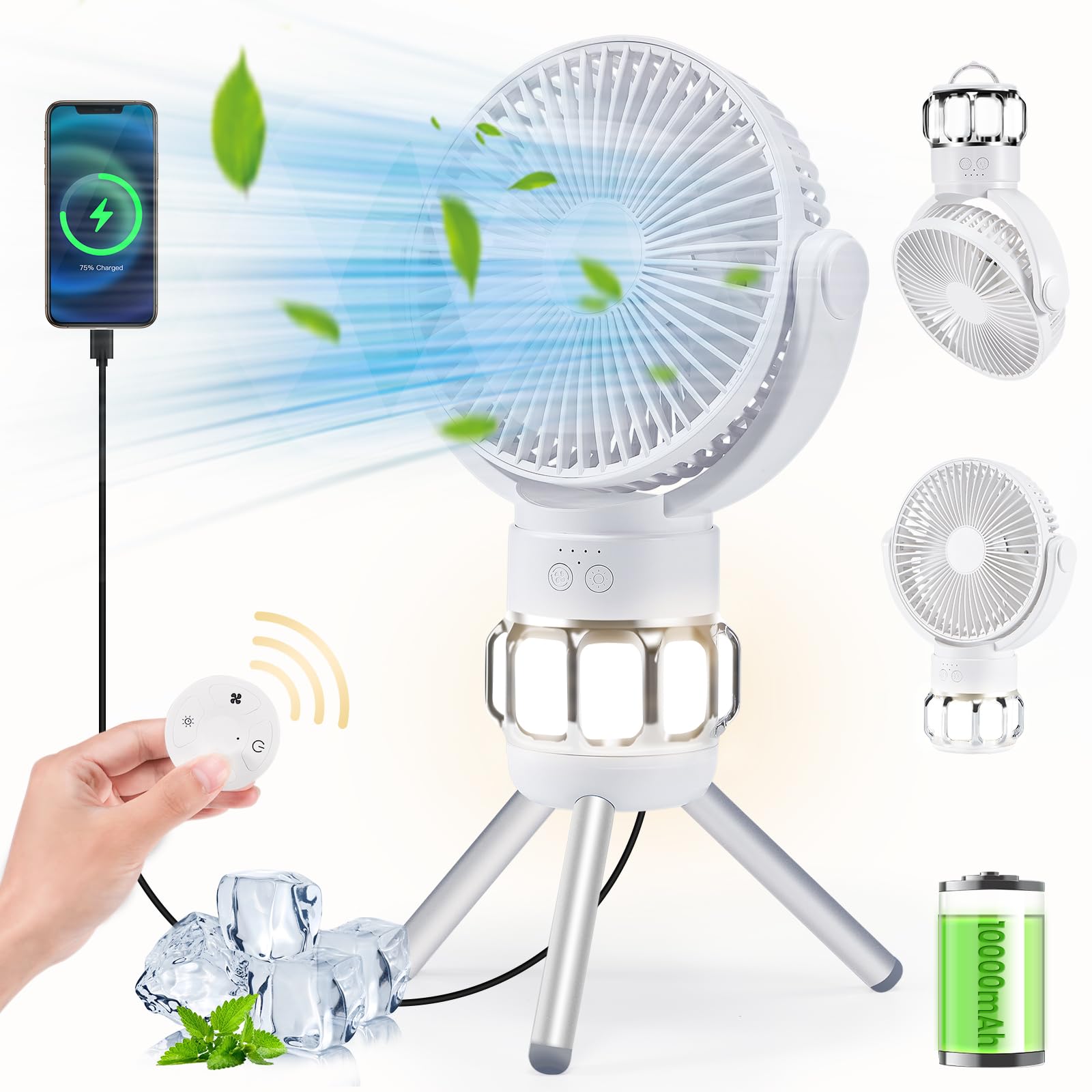 MAXEVE 3-in-1 Portable Camping Battery Powered Fan with LED Lantern, Fan 8H Timer 270°Rotation Battery Operated Fan, 10400mAh Rechargeable USB Desk Beach Fan with Hook&Tripod, Super Quiet