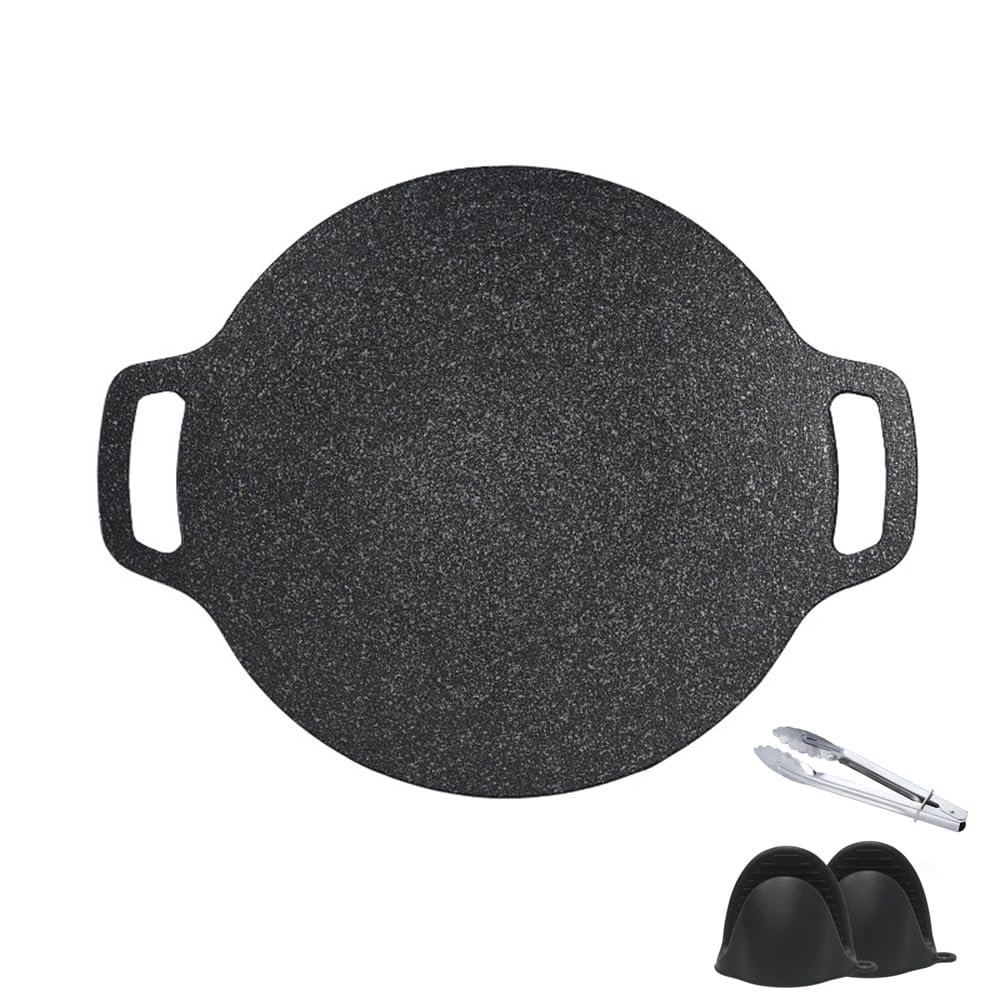 Korean BBQ Grill Pan 13.3inches, UNOSCHRIM Non-stick Grill Pan, Granite Coating Circular Grill Pan with Anti-Scalding Gloves and Food Clip, Suitable for Both Home and Outdoor Camping