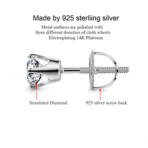 AllenCOCO 925 Silver Stud Earrings with Screw Back, Round cut Cubic Zirconia Solitaire Studs With Gift Box