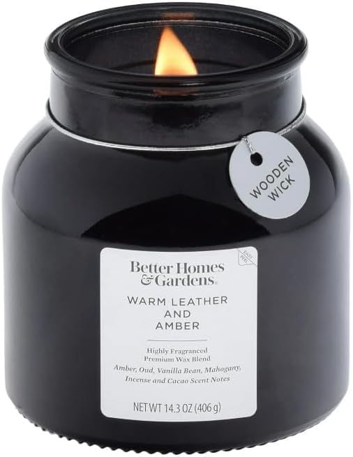 Better Homes & Gardens Warm Leather & Amber Scented Wooden Wick Candle, 14 oz Jar