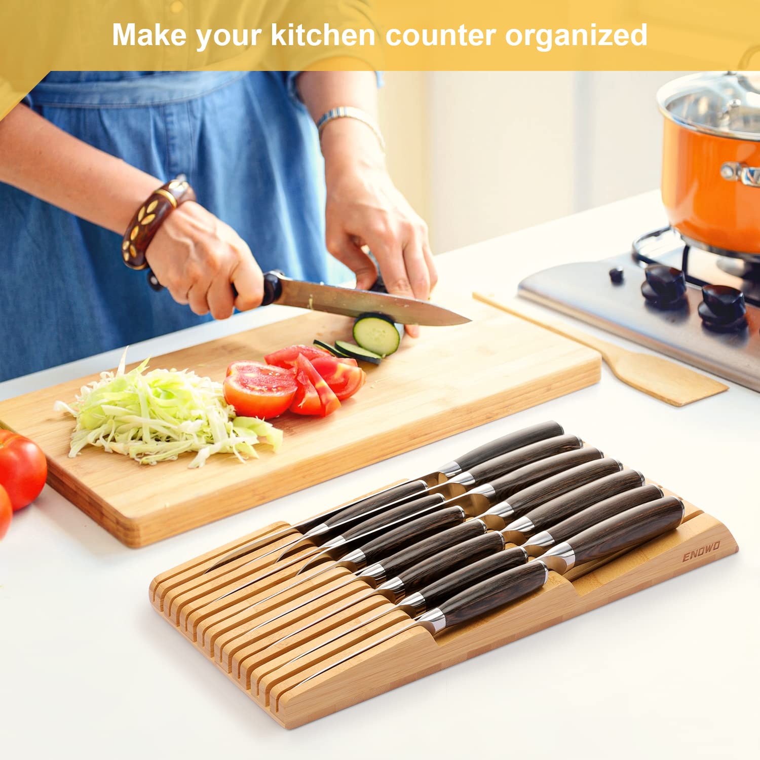 enowo Bamboo Knife Block Knife Drawer Organizer, Knife Holder for Kitchen Drawers Hold 15 Knives(Not included), Kitchen Knife Organizer Drawer Insert, Perfect for Home and Chefs