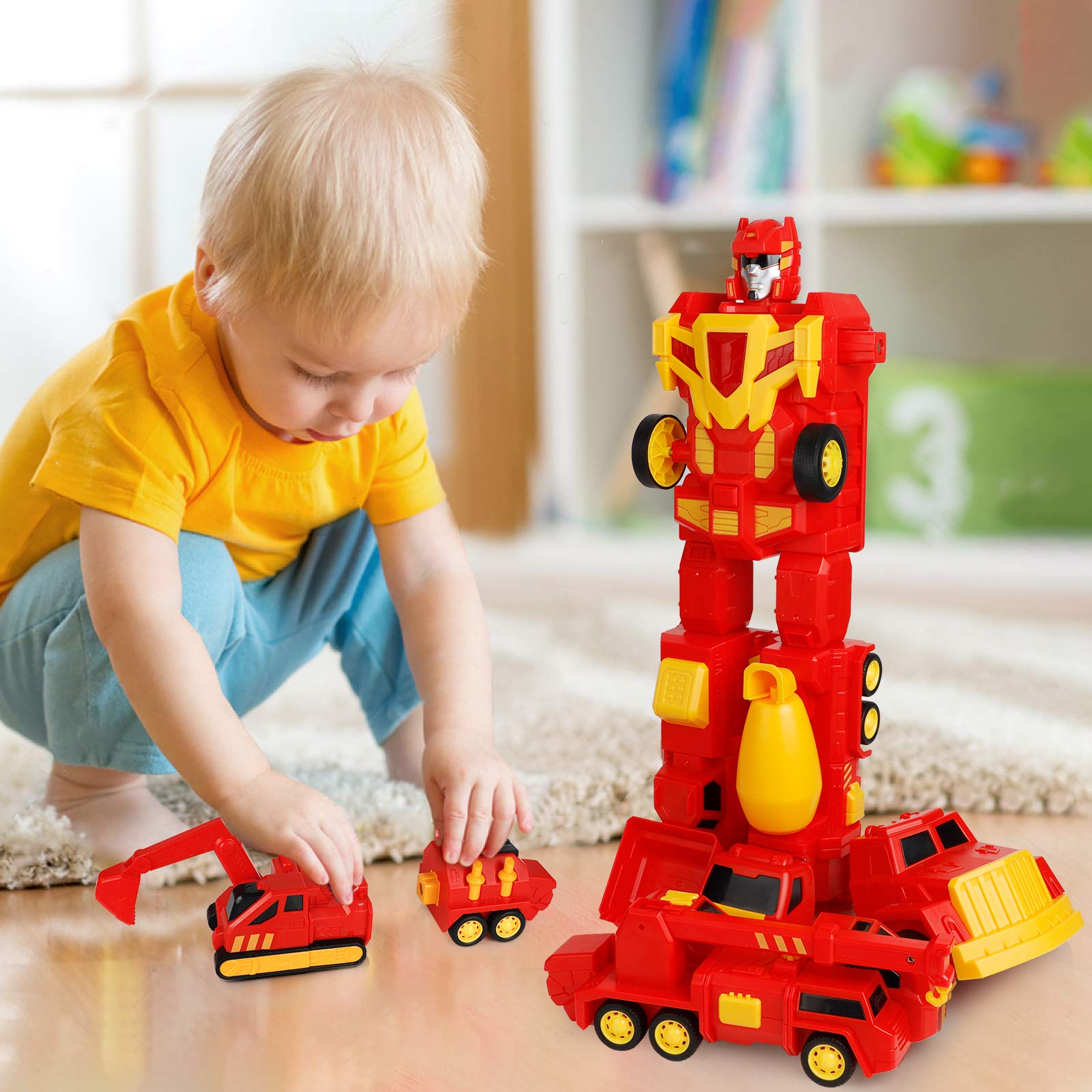 Construction Toy, Pull Back Play Vehicles for 3 4 5 6 Years Old Boy Kids Toddler, Transform Robot Car Toys Truck,Assemble Cars Action Figures Set