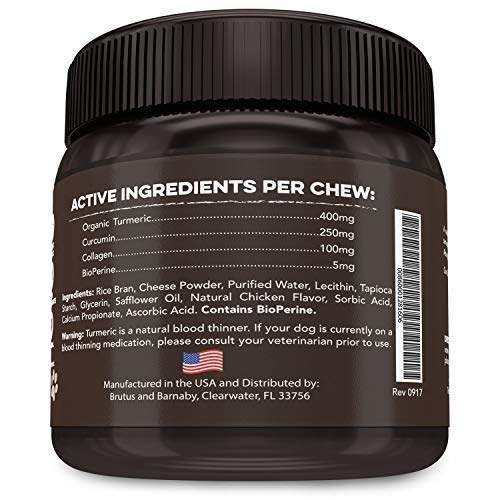 BRUTUS & BARNABY Turmeric for Dogs- Organic Turmeric with Curcumin, Soft Chews with Collagen and Bioprene Provides Hip and Joint Support Reduces Inflammation from Arthritis