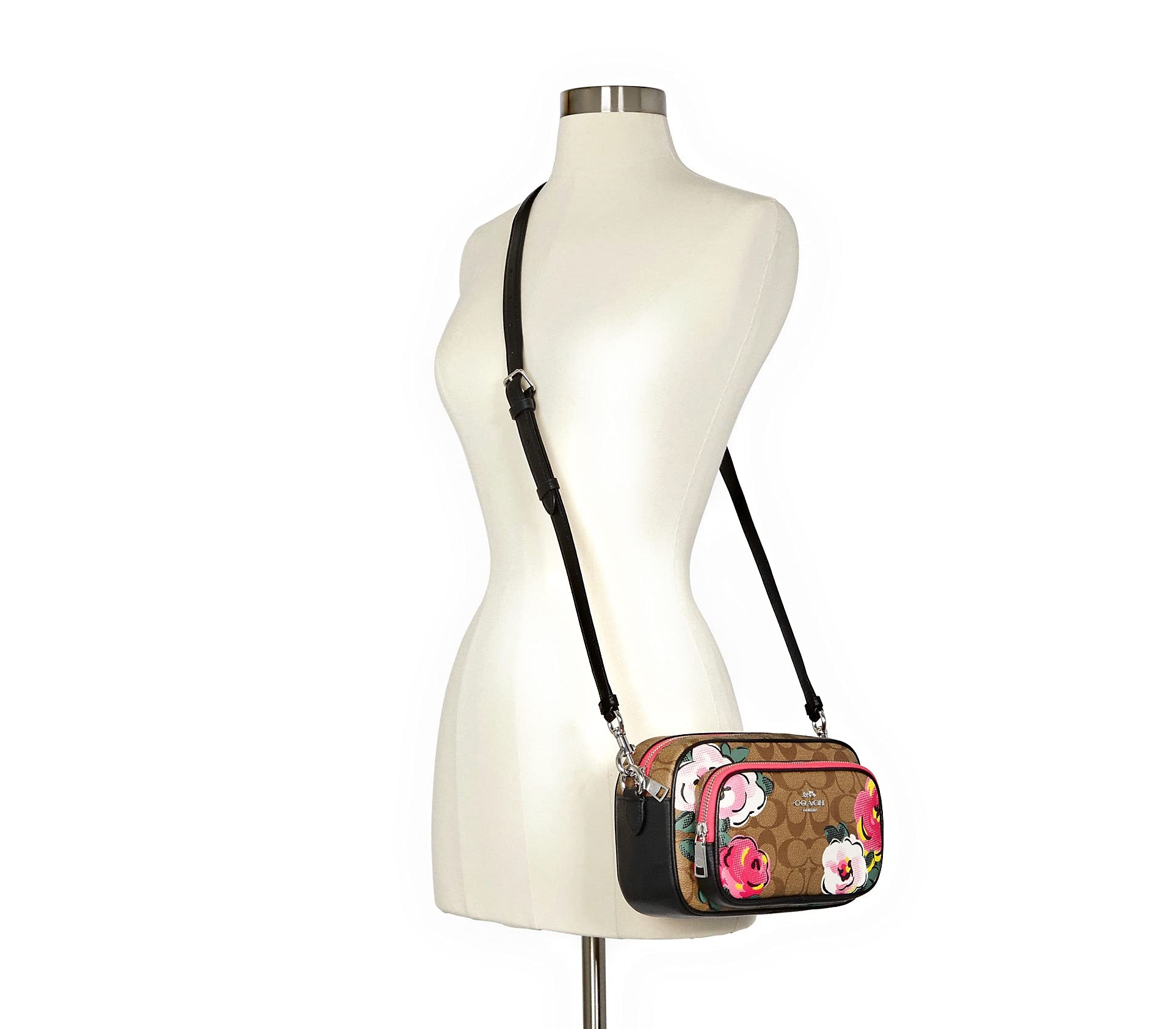 Coach Womens Court Crossbody In Signature Canvas With Vintage Rose Print Silver/Khaki Multi