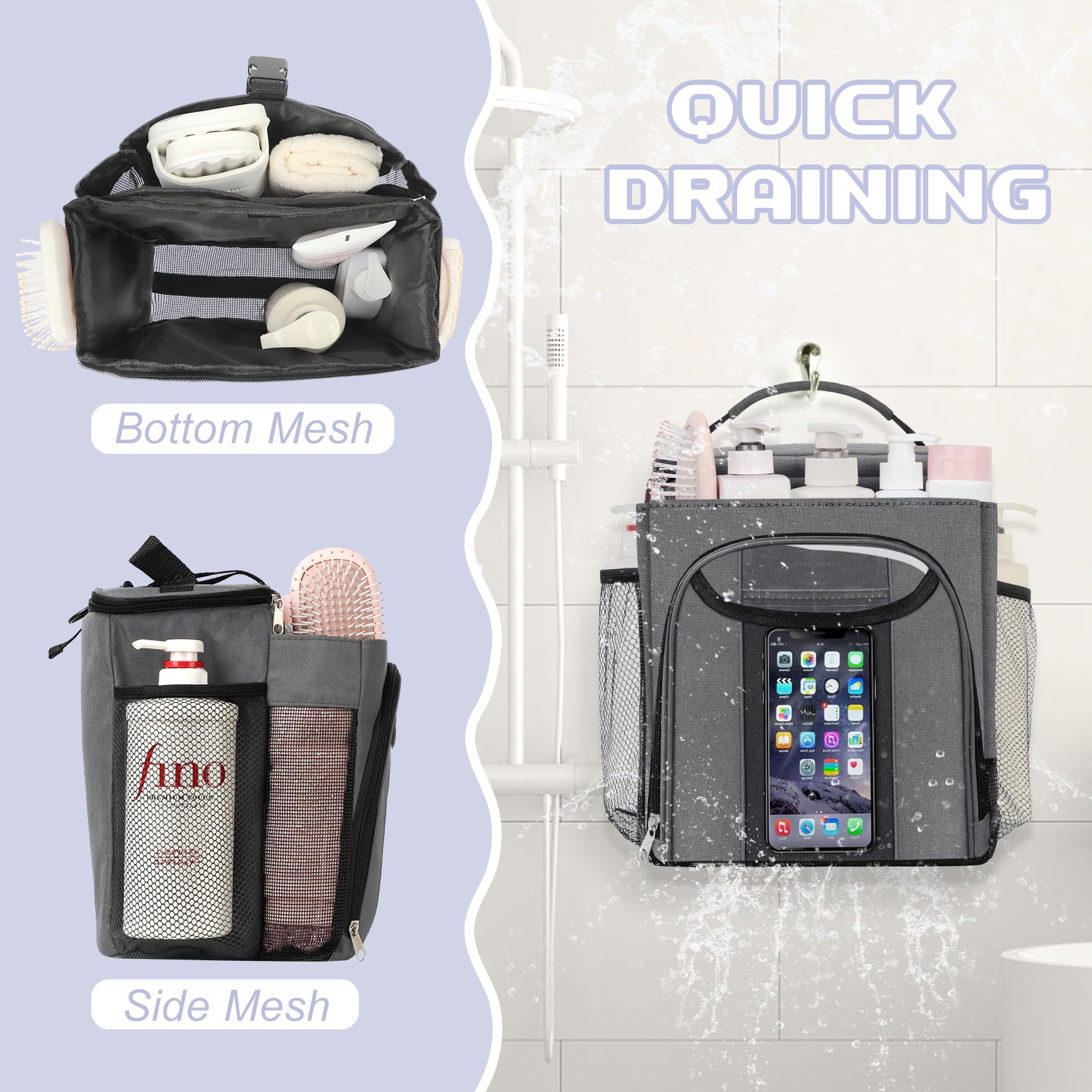 Attmu Large Capacity Portable Shower Caddy Dorm for College Essentials, Separate Compartment Hanging Toiletry Bag for College Student Camping Gym Travel Essentials (Gray)
