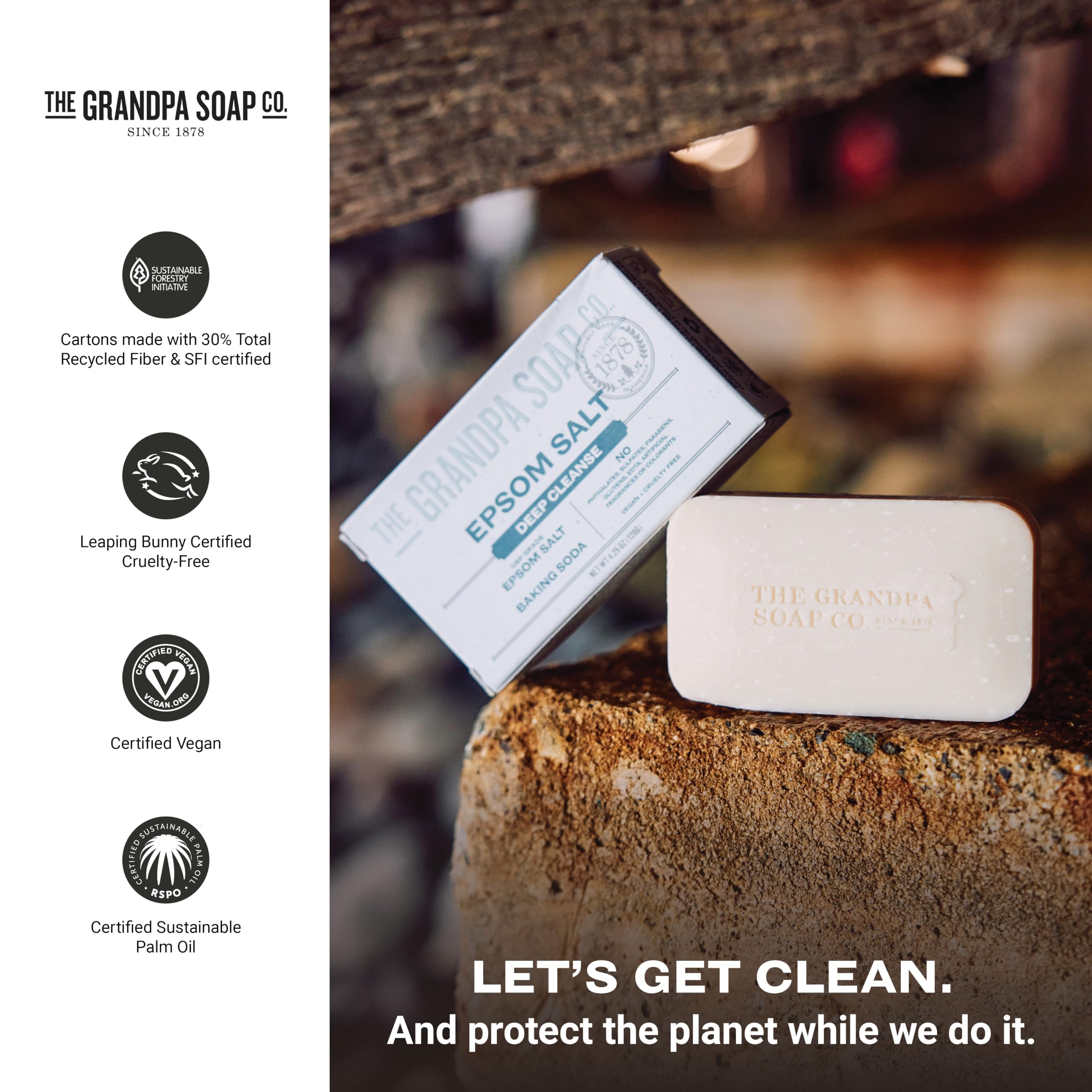 The Grandpa Soap Company Epsom Salt Bar Soap - Deep Cleansing Soap, Made with Epsom Salt and Baking Soda, Removes Dirt Grease and Grime, Vegan, For Face and Body, 4.25 Oz, 3 Pack