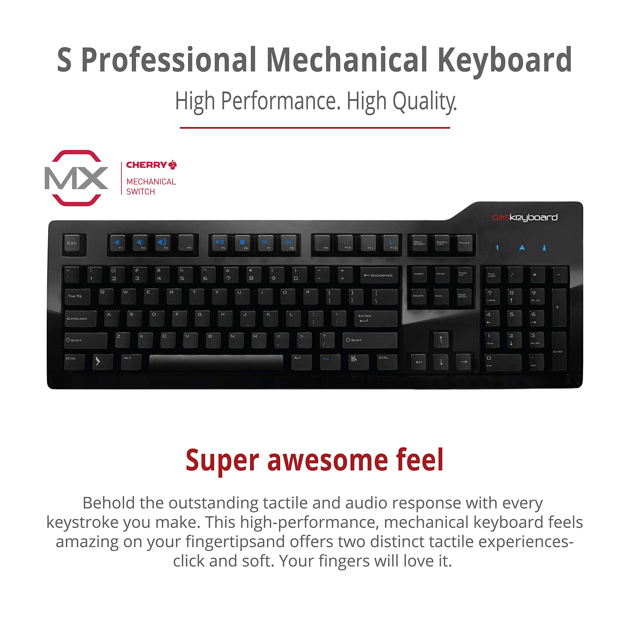 Das Keyboard Model S Wired Mechanical Keyboard, Cherry MX Blue Mechanical Switches, 2-Port USB Hub, Laser Etched Keycaps (104 Keys, Black)