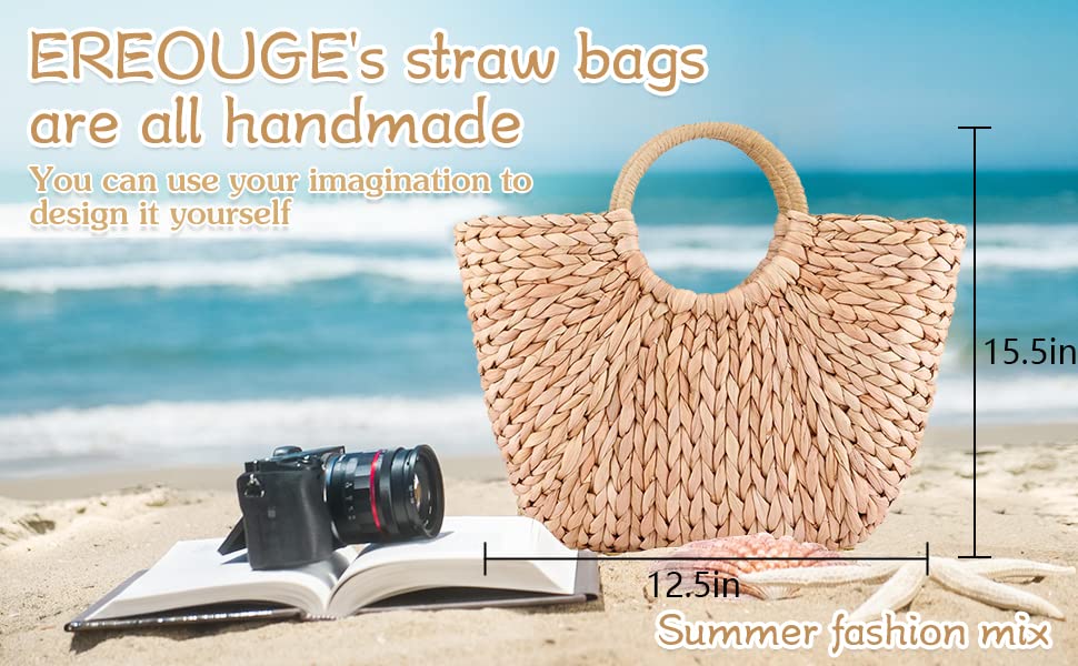 EROUGE Natural Chic Straw Bag Hand Woven Round Handle Handbags Retro Summer Beach Bag Beach Bag(Brown)