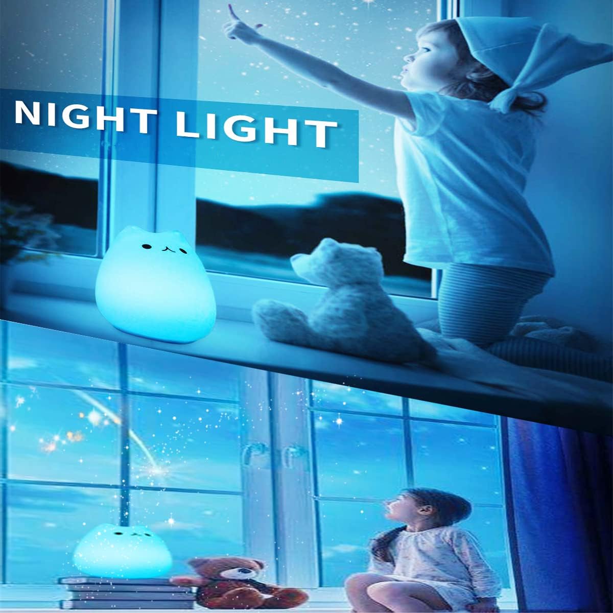 Dastling UMIRNI Cute Cat Night Light, Rechargeable Silicone LED Baby Nursery Nightlight, Color Changing Animal Lamp, Tap Sensor Control