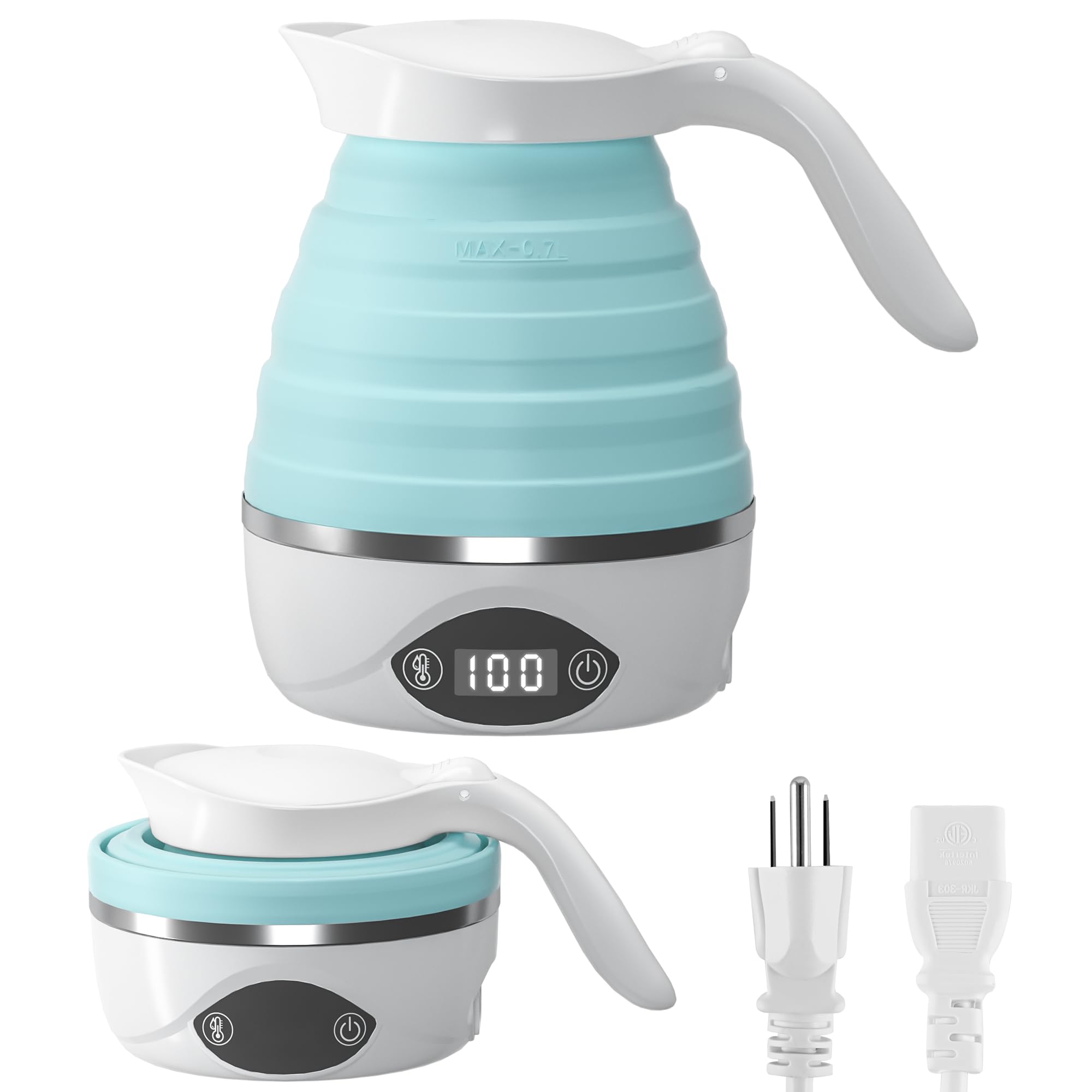 AUCOO Collapsible Travel Kettle Electric Portable Foldable Kettle for Boiling Water, Suitable for 110V & 220V Dual Voltage, for Tea & Coffee, 850W Small Mini BPA-free Silicone Blue