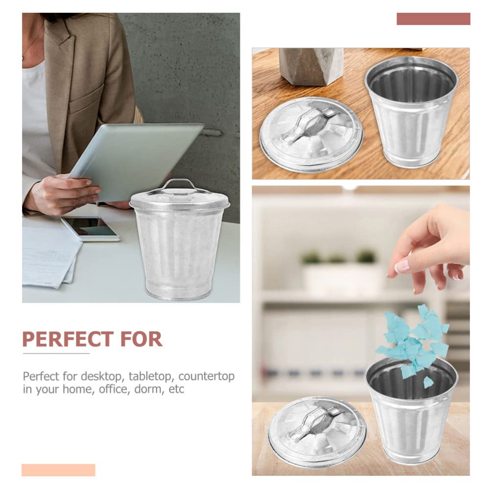 Zerodeko Outdoor 2Pcs Mini Trash Can, Small Galvanized Metal Garbage Can with Lid, Desktop Waste Bin Pencil Holder Cup Decorative Flower Pot Tabletop Decor for Home, Kitchen, Office, Mini