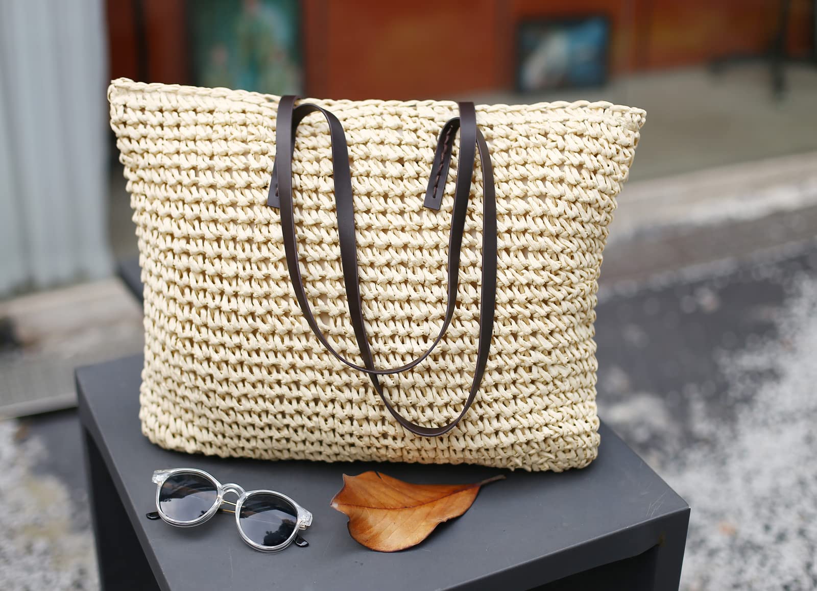 COOKOOKY Straw Beach Bag Summer Handmade Woven Shoulder Tote Bags Purse for Women (Square Khaki Bag)