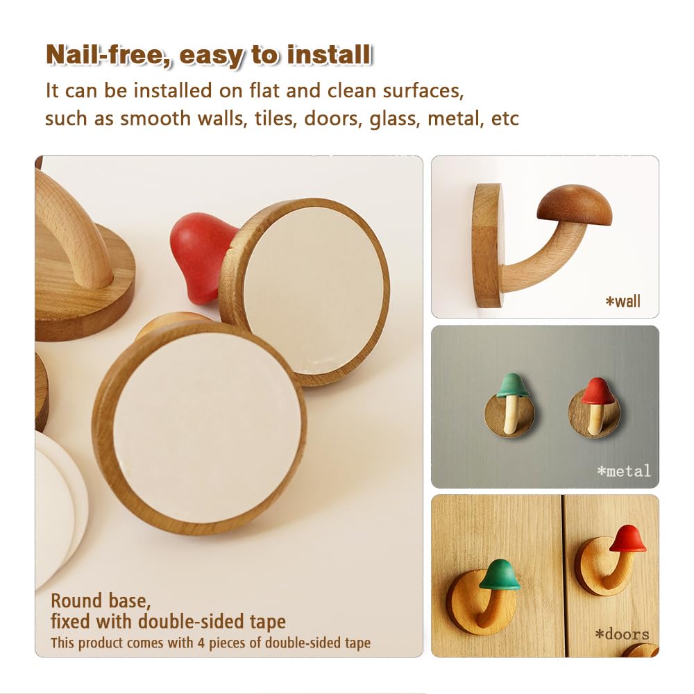 Auntzyj Fun Wooden Mushroom Coat Hook, Non-Perforated Solid Wood Hook,Mushroom Wall Hook Hanger, Kitchen Bathroom Cloakroom Door Towel Hooks (Pack of 4)