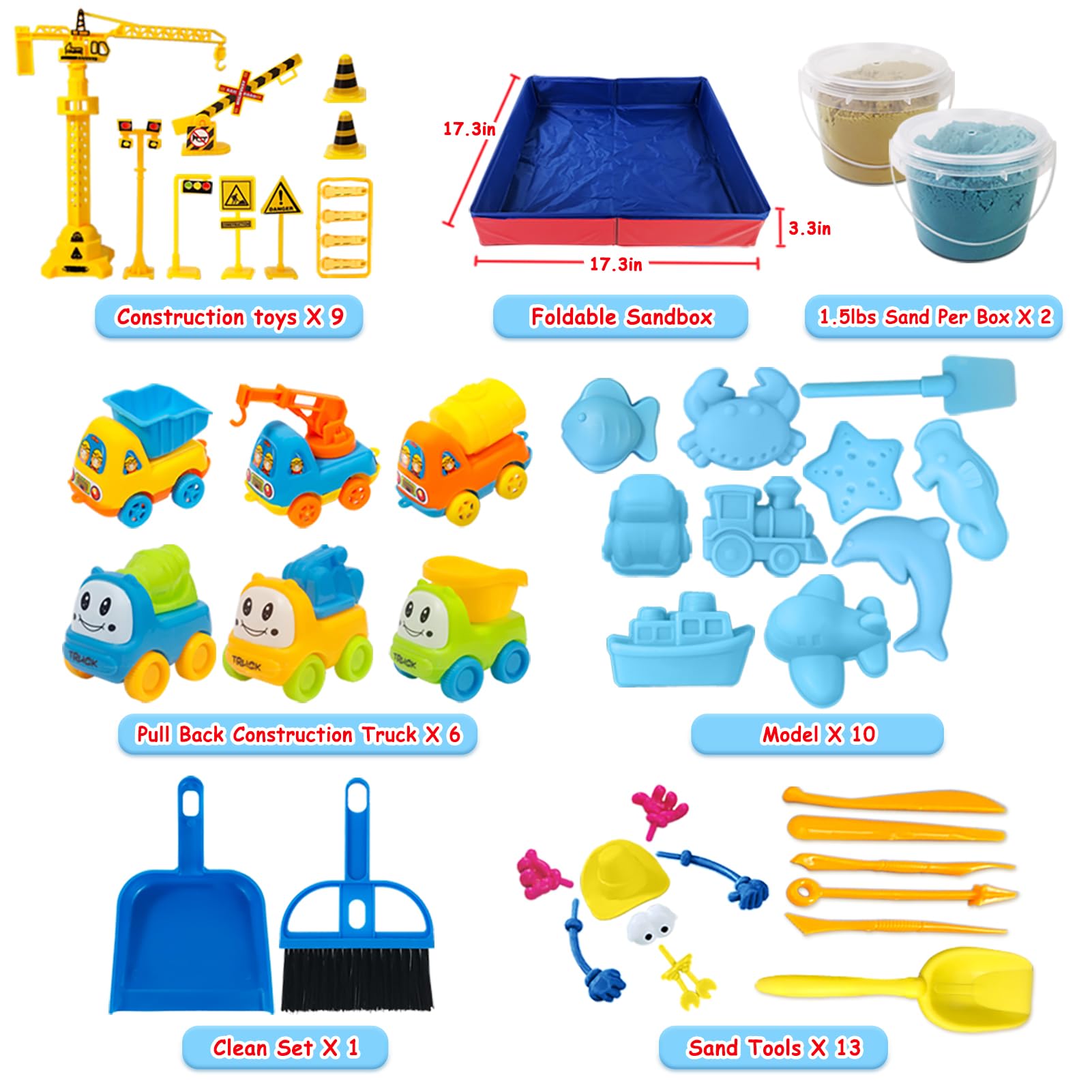 ESSENSON Play Construction Sand Kit - 3lbs Sand with 2 Colors, 6 Mini Construction Trucks, Construction Toys and Signs, Animal Mold, Modeling Tools, Foldable Sandbox, Gifts for Boys Girls