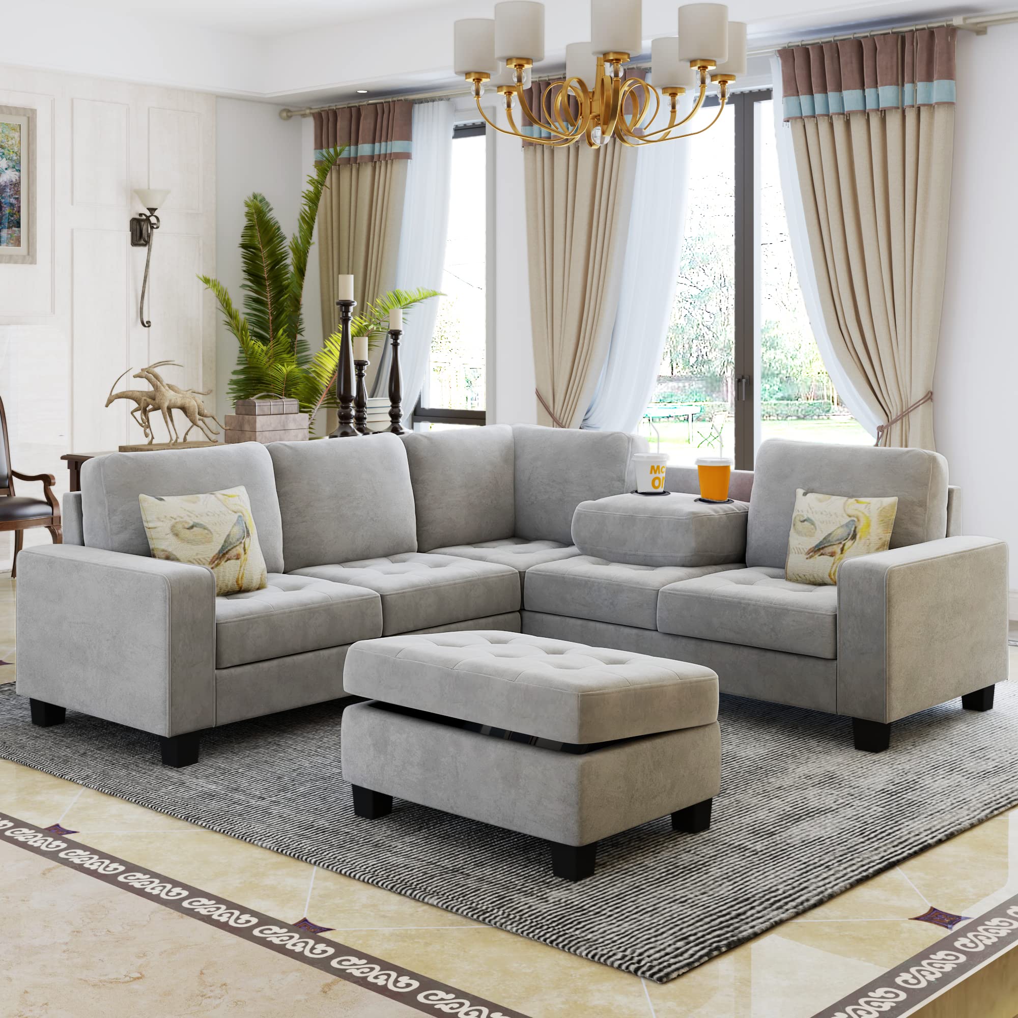 Merax 2 Piece Sectional Corner Sofa, Living Room Modern Velvet Couch Space Saving Cup Holders, L-Shape with Storage Ottoman, Silver Grey