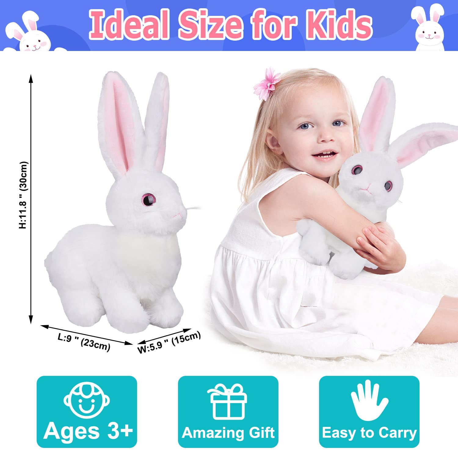 Marsjoy 12" White Easter Bunny Plush Toy, Soft Stuffed Animal Rabbit, Realistic Gift for Kids, Toddlers, Baby